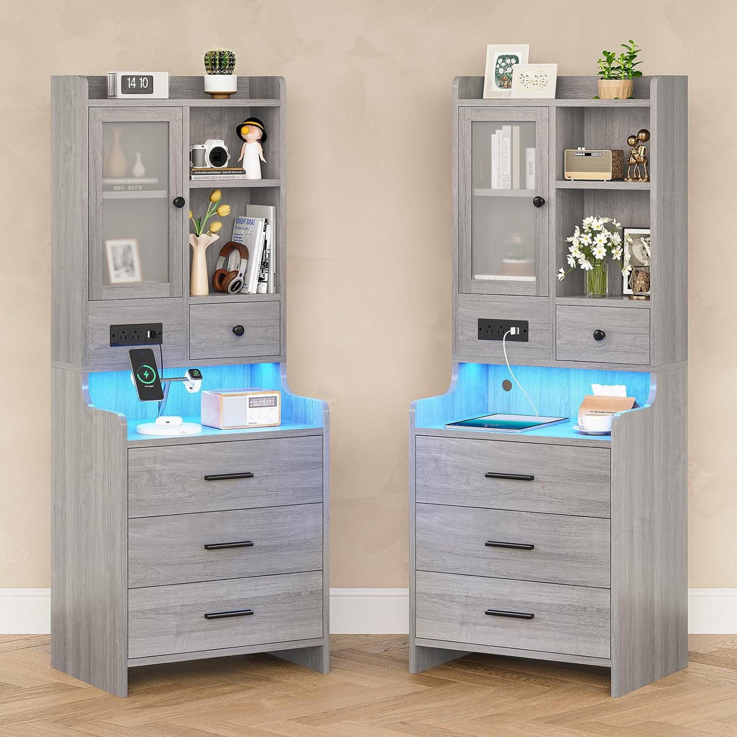 Set of 2 Gray Nightstands with USB Outlets, RGB LED, 3 Drawers, Glass ...