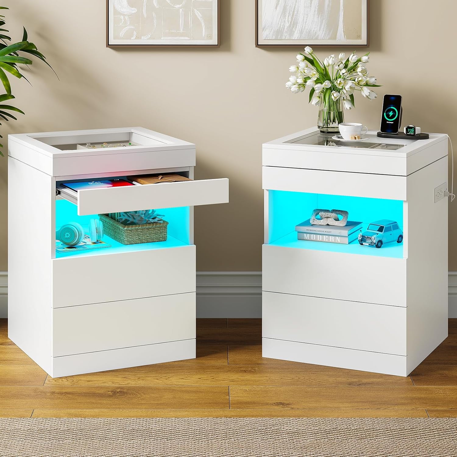 Modern Set of 2 Nightstands with LED Lights, Charging Station ...
