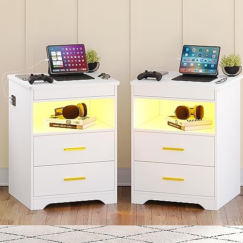 Set of 2 Nightstand with Lockable Gun Drawer,3 Color Dimmable LED End ...