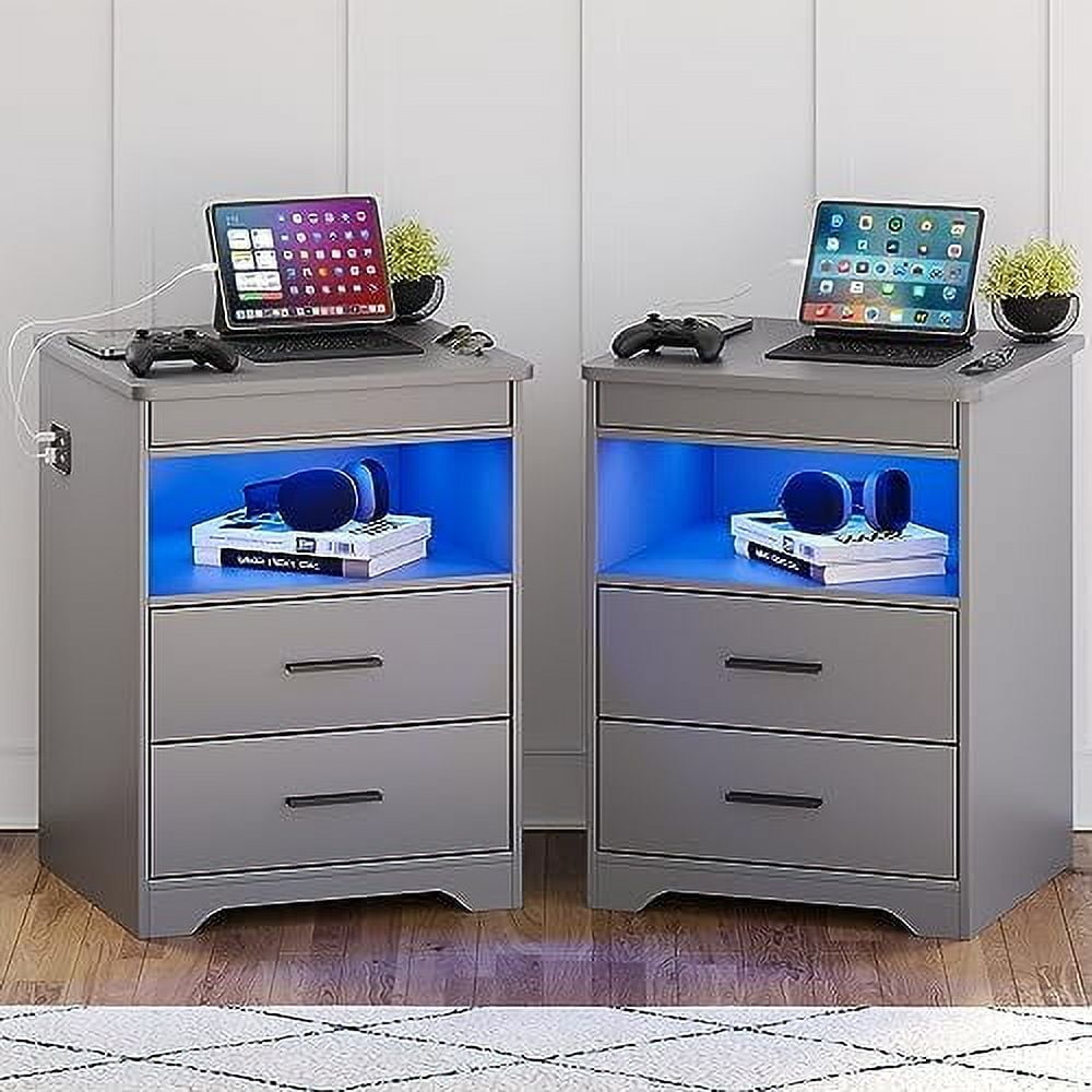 Set of 2 Nightstand with Lockable Gun Drawer,3 Color Dimmable LED End ...