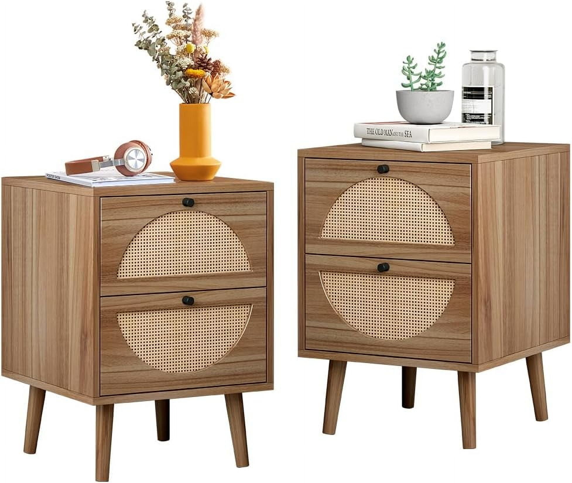 Set of 2 Nightstands, Rattan Nightstand with Drawer, Side Tables ...