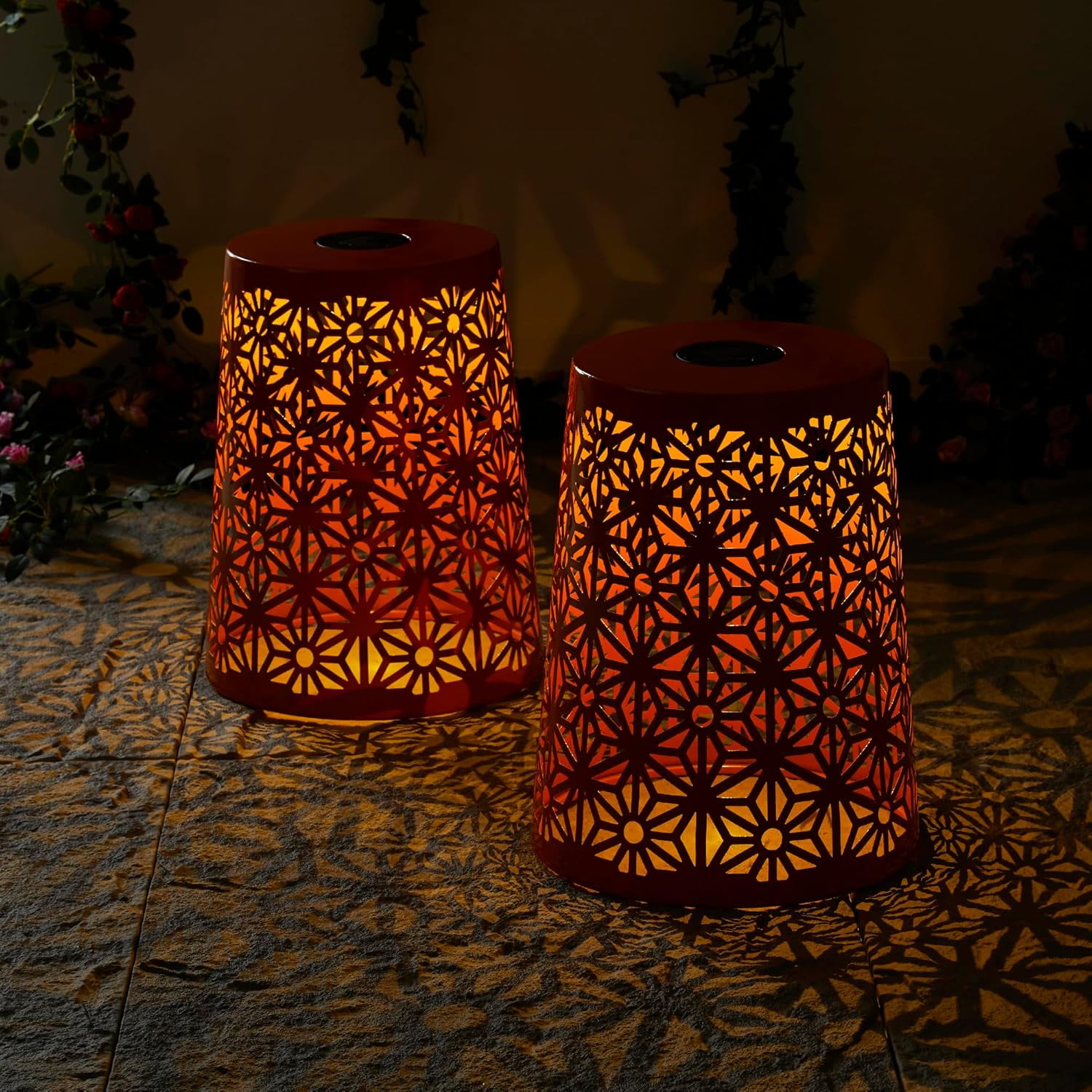 Set of 2 Outdoor Side Table, Iron Cutout Geometric Pattern Solar ...