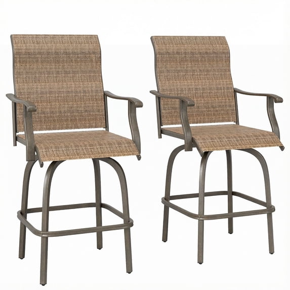 Set of 2 Outdoor Swivel Bar Stools with Armrests, Brown Steel Frame ...