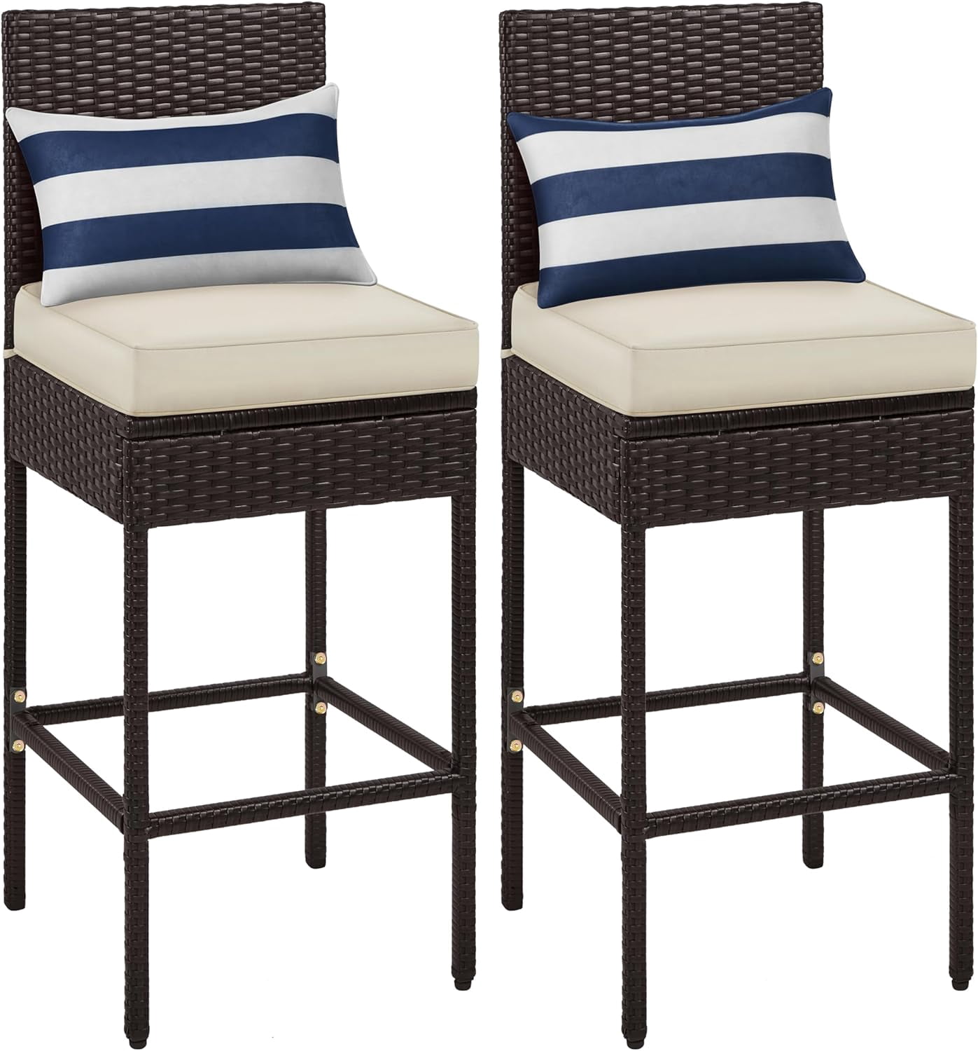 Set of 2 Patio Bar Stools, Outdoor PE Rattan Bar Height Chairs with ...