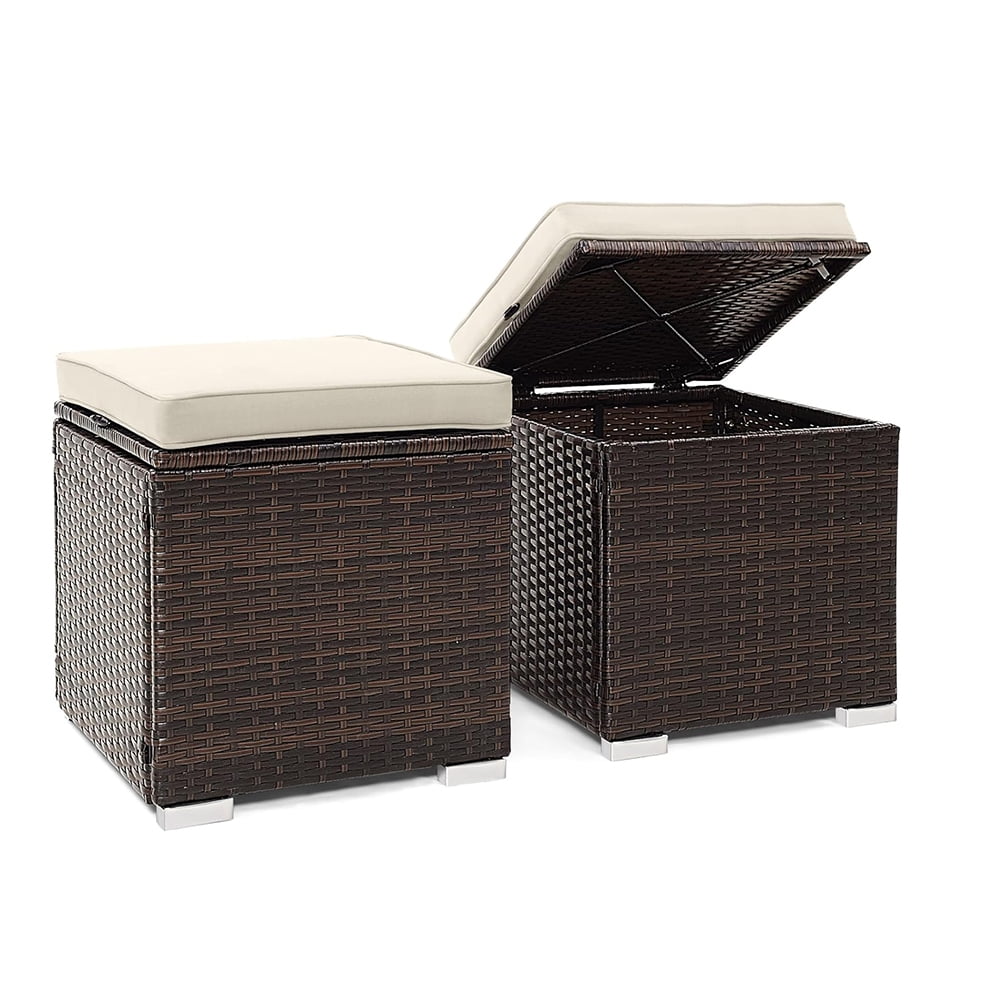 Patiojoy Outdoor Ottomans with Cushion, 2 Pack PE Rattan Storage Seat ...