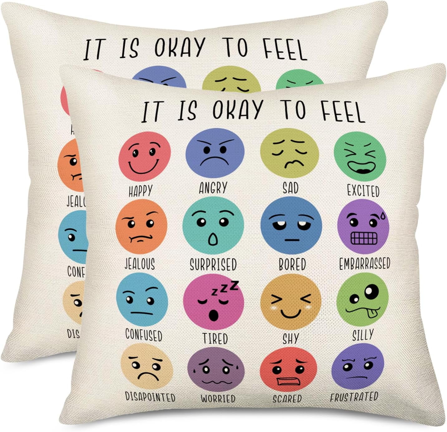 Set of 2 Pillow Cover Happy Sad Anger Worried Scared Jealous Linen ...