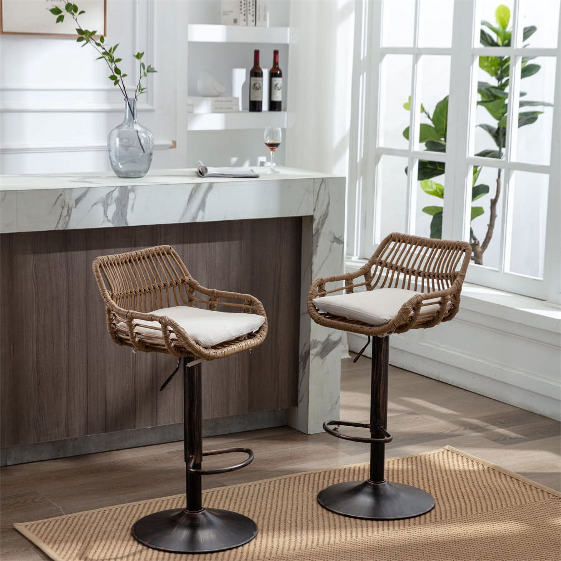 Set of 2 Rattan Bar Stools with Adjustable Height, Swivel Accent Chairs ...