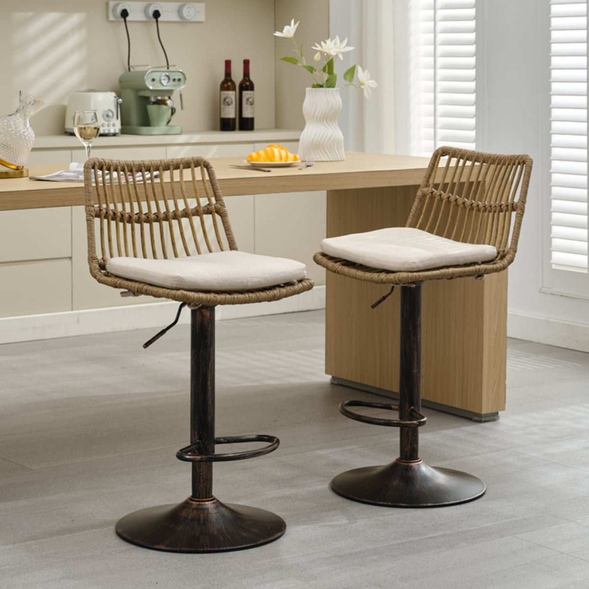 Set of 2 Rattan Bar Stools with Padded Cushion, 360° Swivel Bar Chairs ...