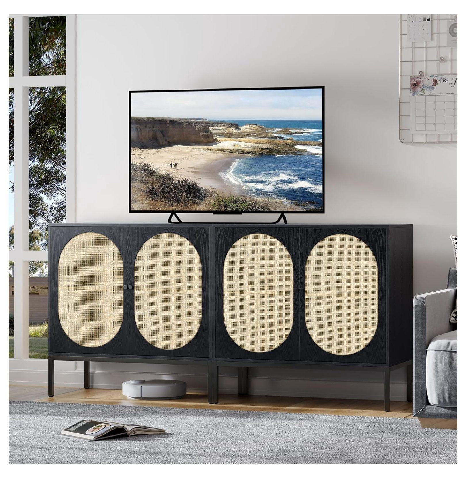 Set of 2 Rattan Cabinet Sideboard Cabinet, Rattan Buffet Table with ...