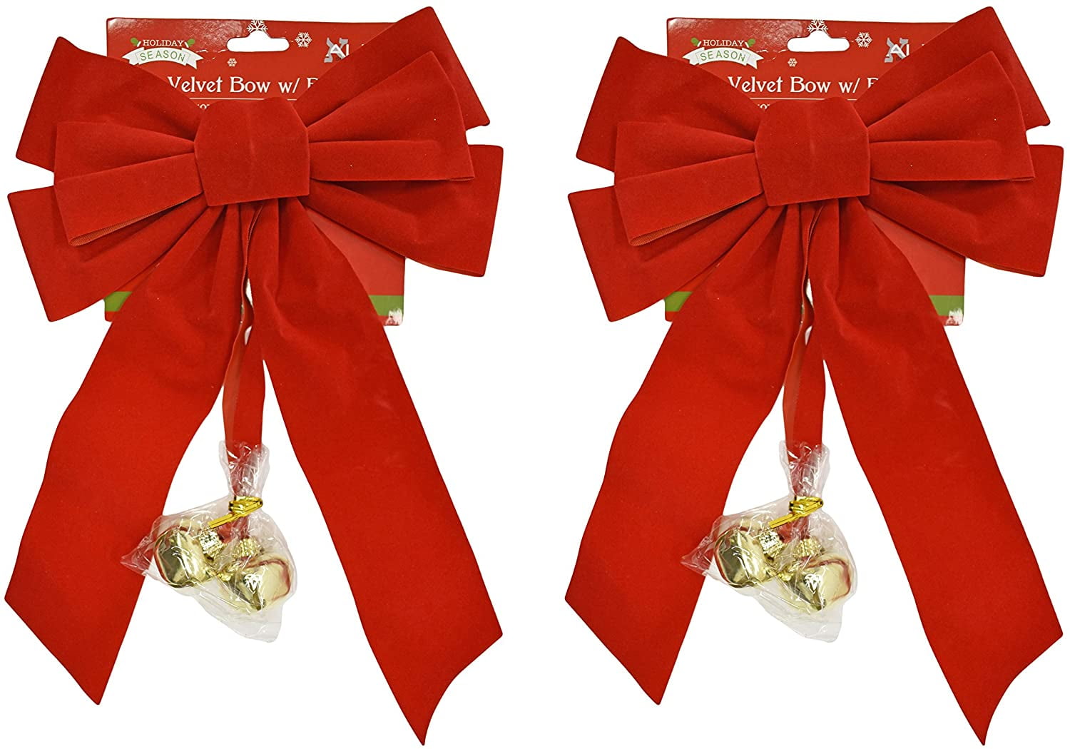 Set of 2 Red Velvet Festive Holiday Christmas Bows With Bells - Perfect ...