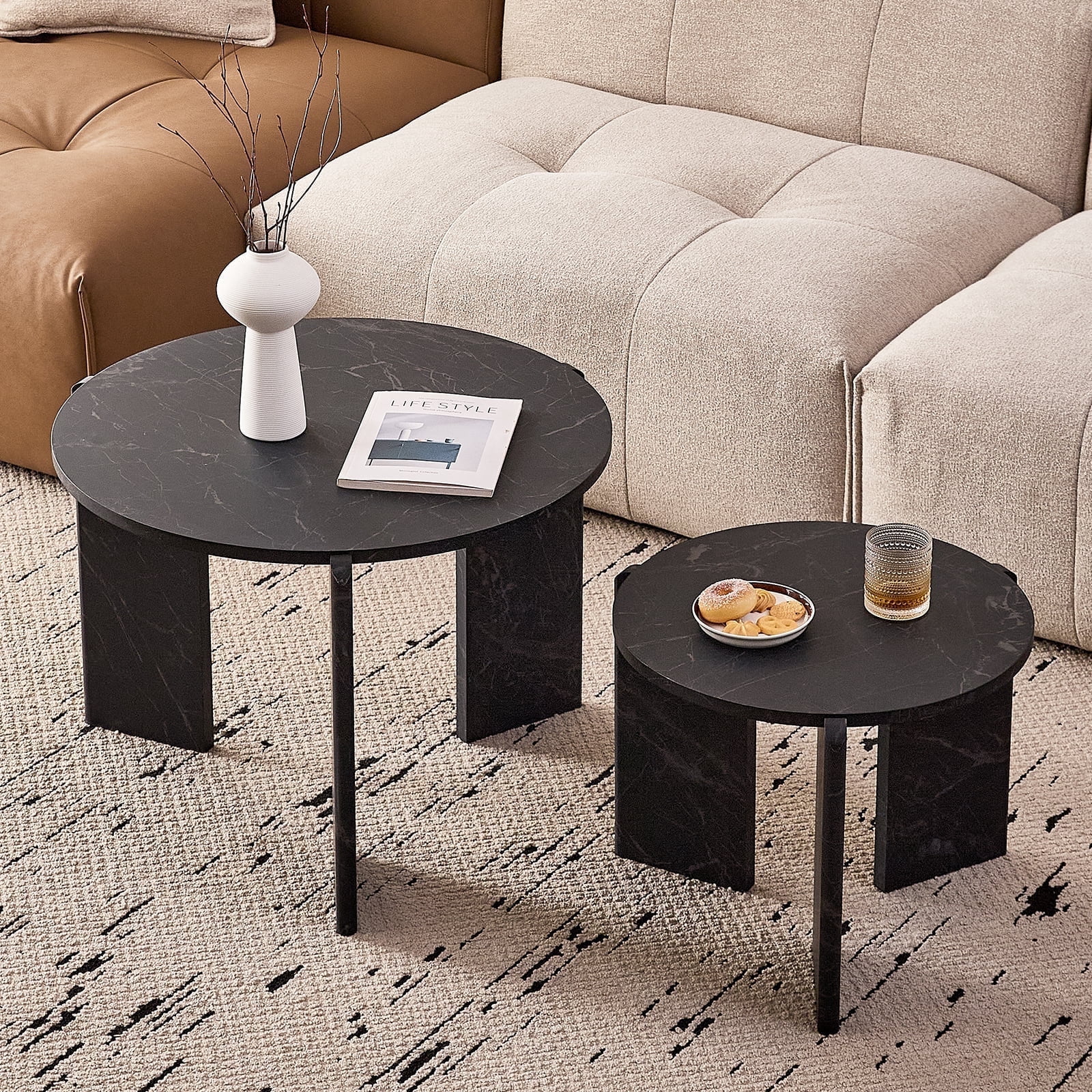 Set of 2 Round Nesting Coffee Tables, [Interchangeable Height] φ27.6 ...