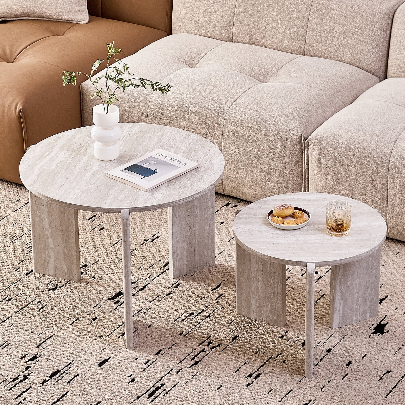 Set of 2 Round Nesting Coffee Tables, [Interchangeable Height] φ27.6 ...