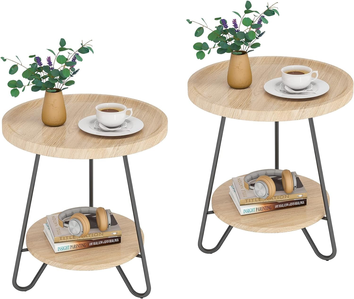 Set of 2 Round Side Table, 2-Tier End Table with Metal Legs, Modern ...