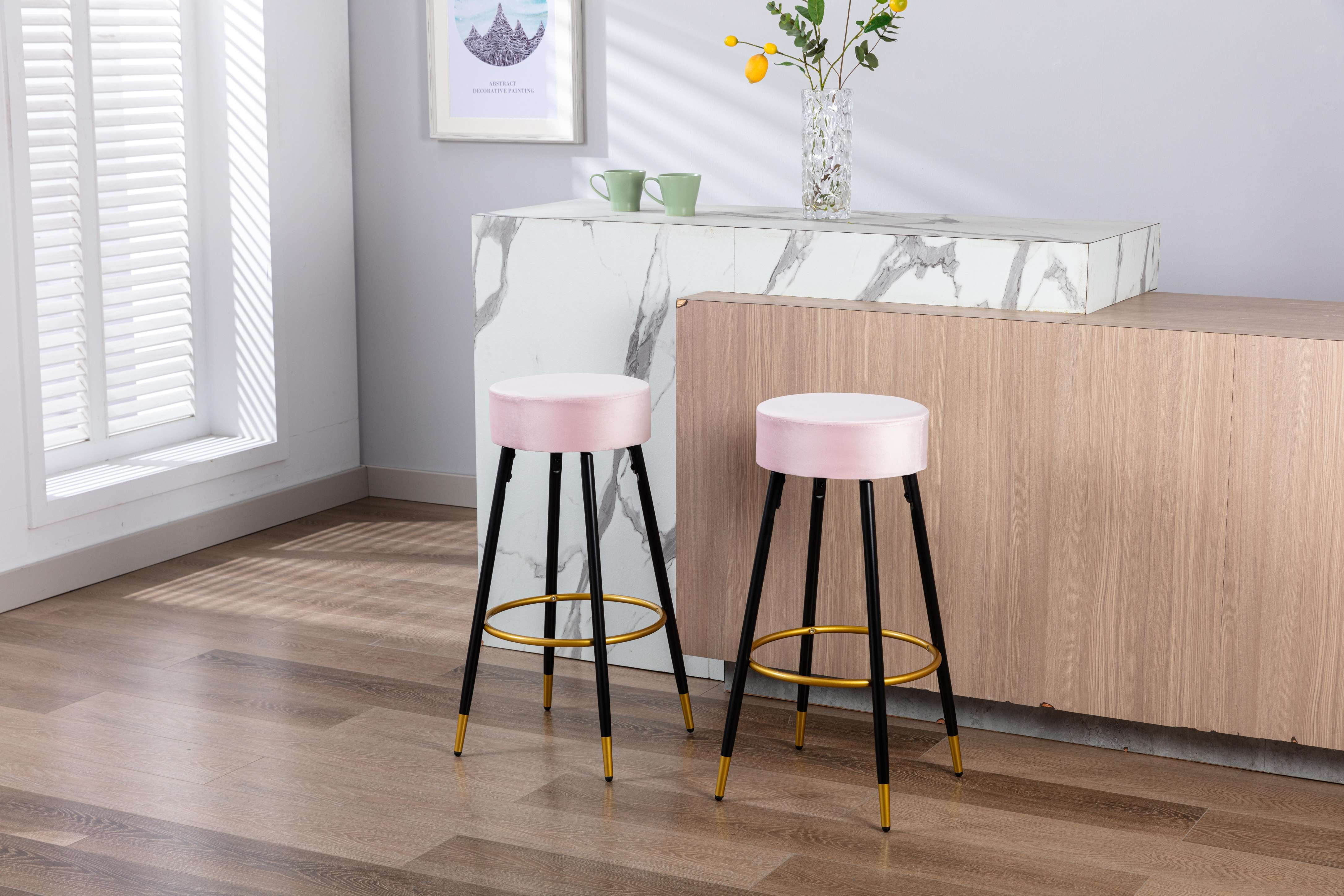 Set of 2 Round Velvet Stools Upholstered, 24 Inches Height Stools with ...