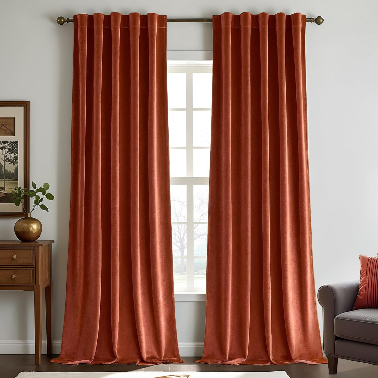 Set of 2 Rust Back Tab & Rod Pocket Velvet Curtains, 84 Inch Long ...