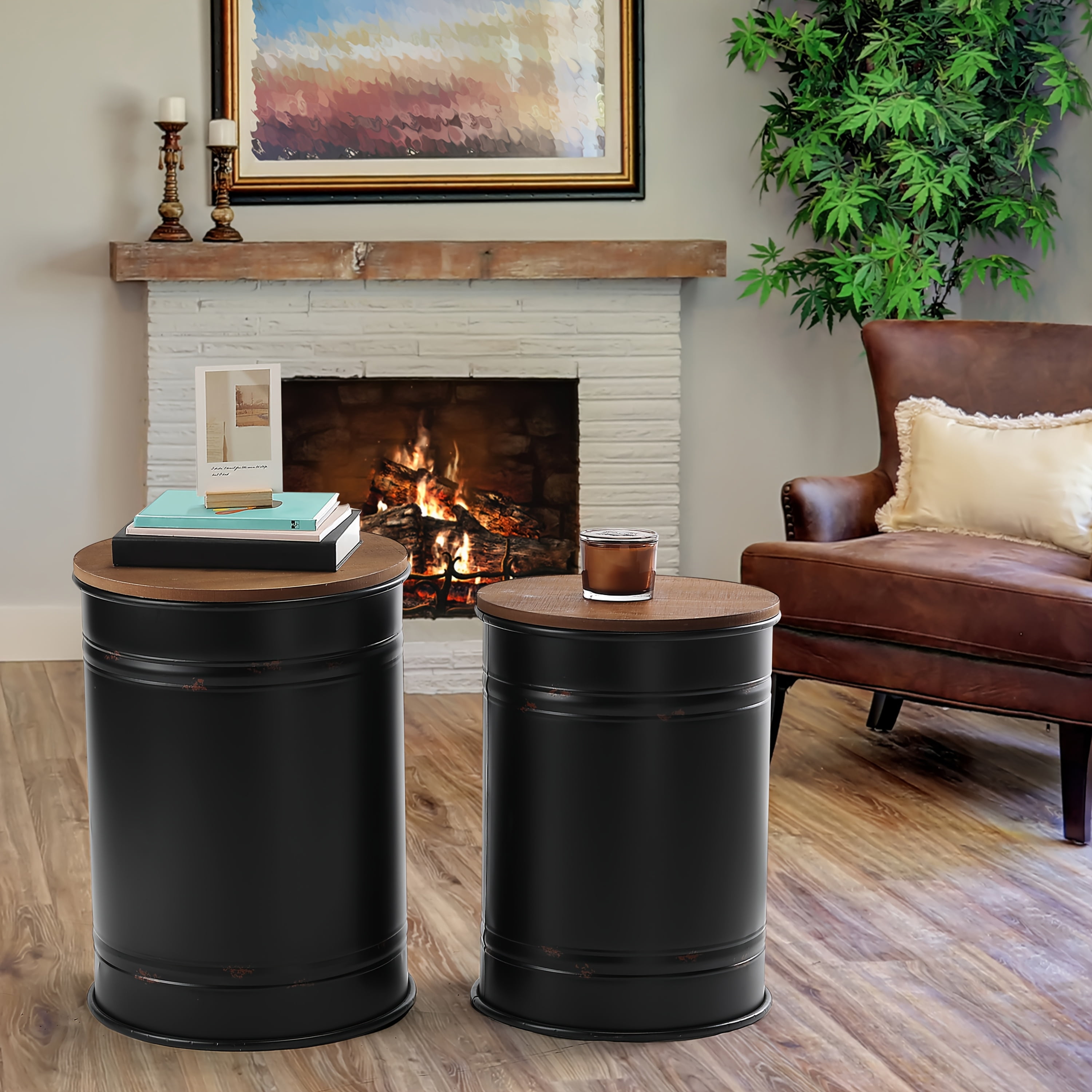 Set of 2 Rustic Farmhouse Storage Ottomans - Galvanized Metal End ...