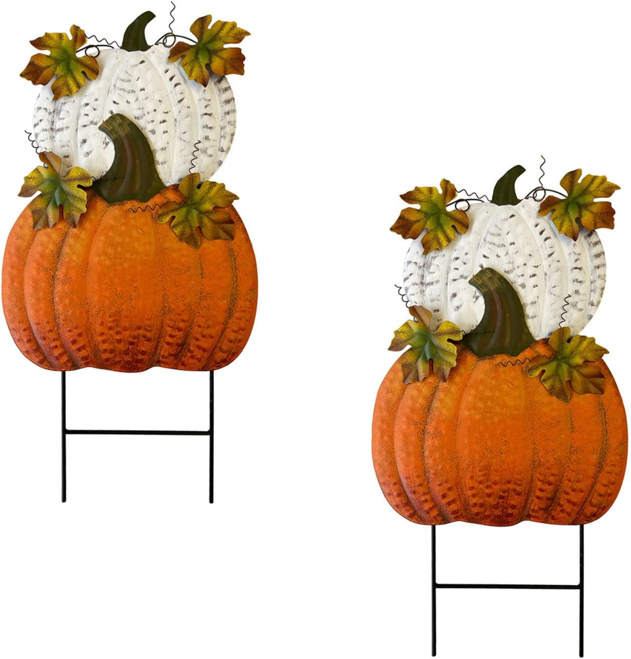 Set of 2 Rustic Metal Stacked Pumpkin Garden Stake Indoor Outdoor ...
