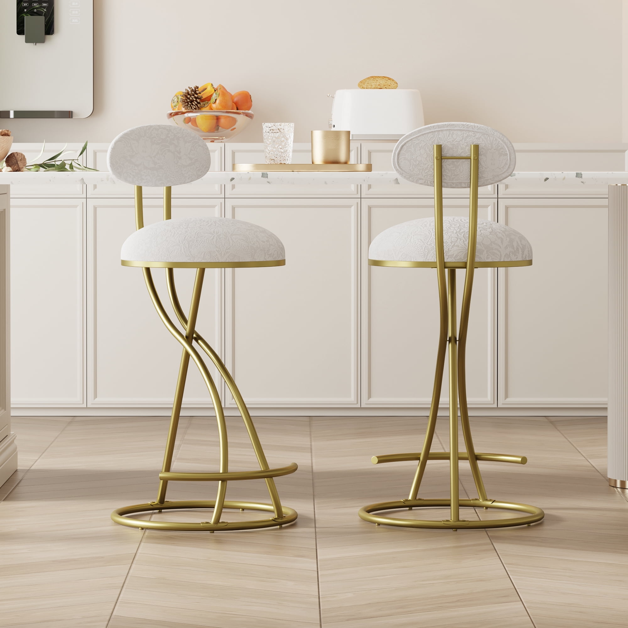 Set of 2 S-Shaped Gold Bar Stools with Floral Print Upholstery ...