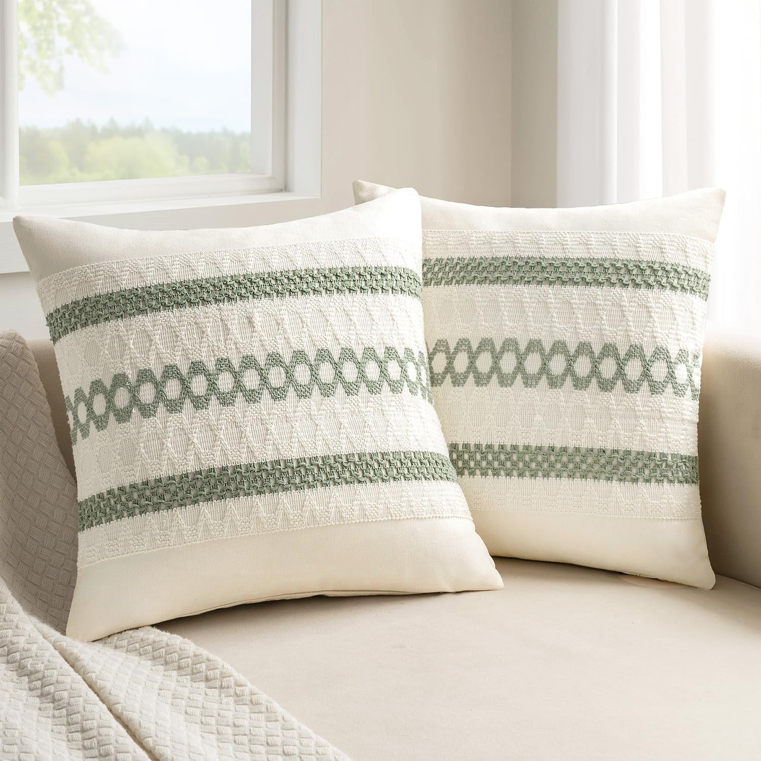 Set of 2 Sage Green Boho Decorative Pillow Covers 18x18 Inch Farmhouse ...