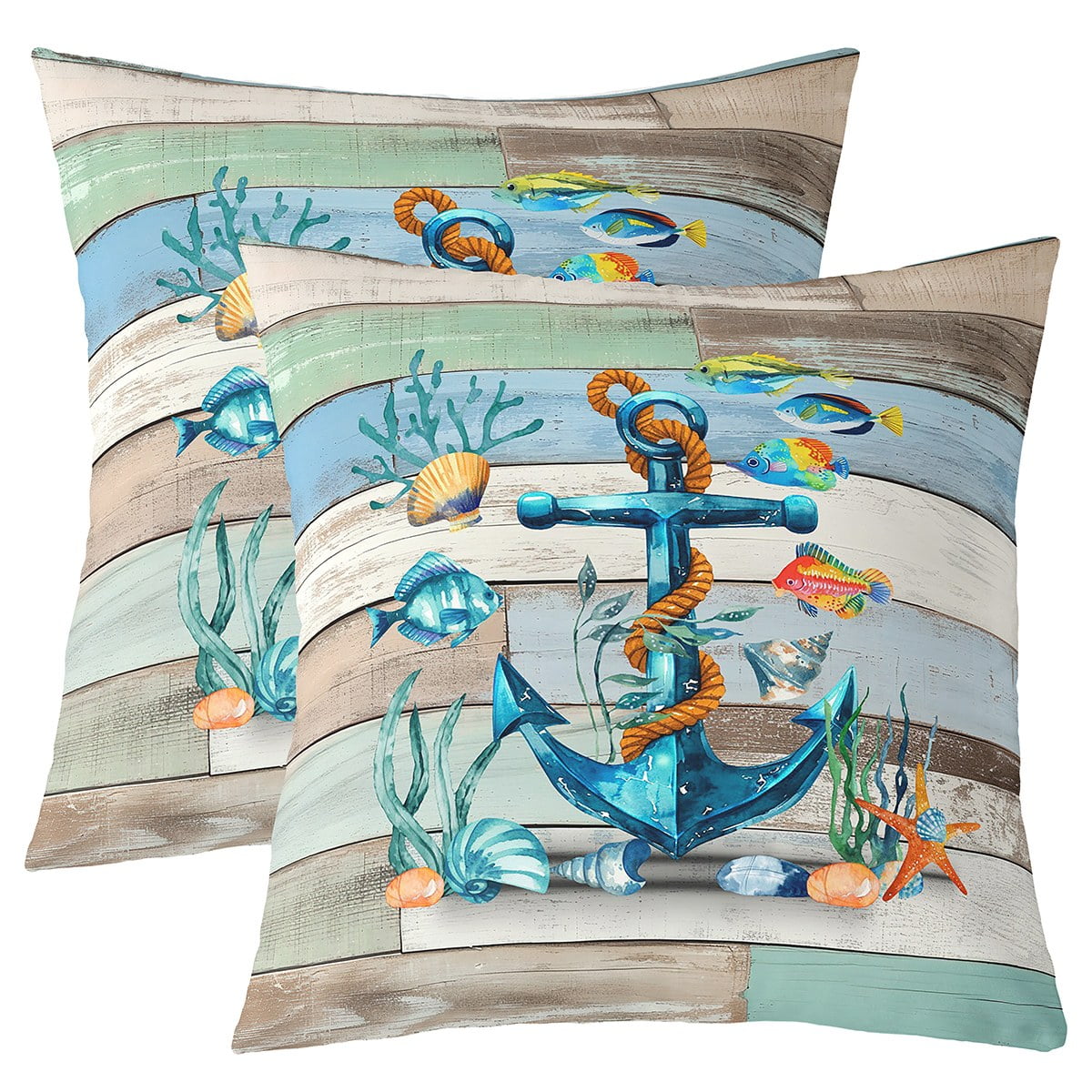 Set Of 2 Ship Anchor Pillow Covers Colourful Sea Shell Cushion Covers ...