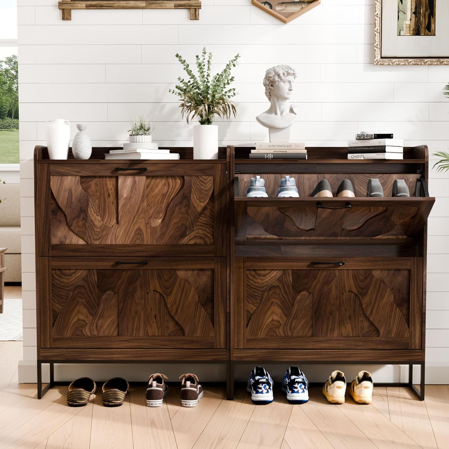 Set of 2 Shoe Storage Cabinet with 2 Flip Drawers, Narrow Shoe Cabinet ...