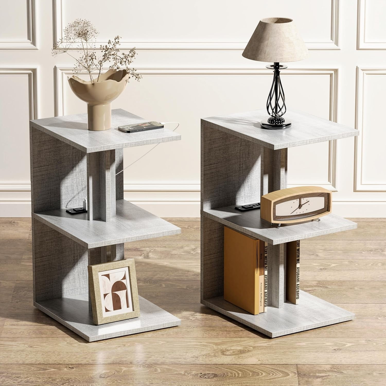 Set of 2 Side Table with Charging Station, 3 Tier Narrow Nightstand ...