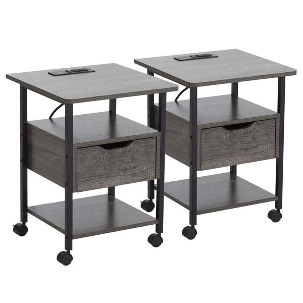 Set of 2 Side Table with Charging Station and Wheels, Rolling End Table ...