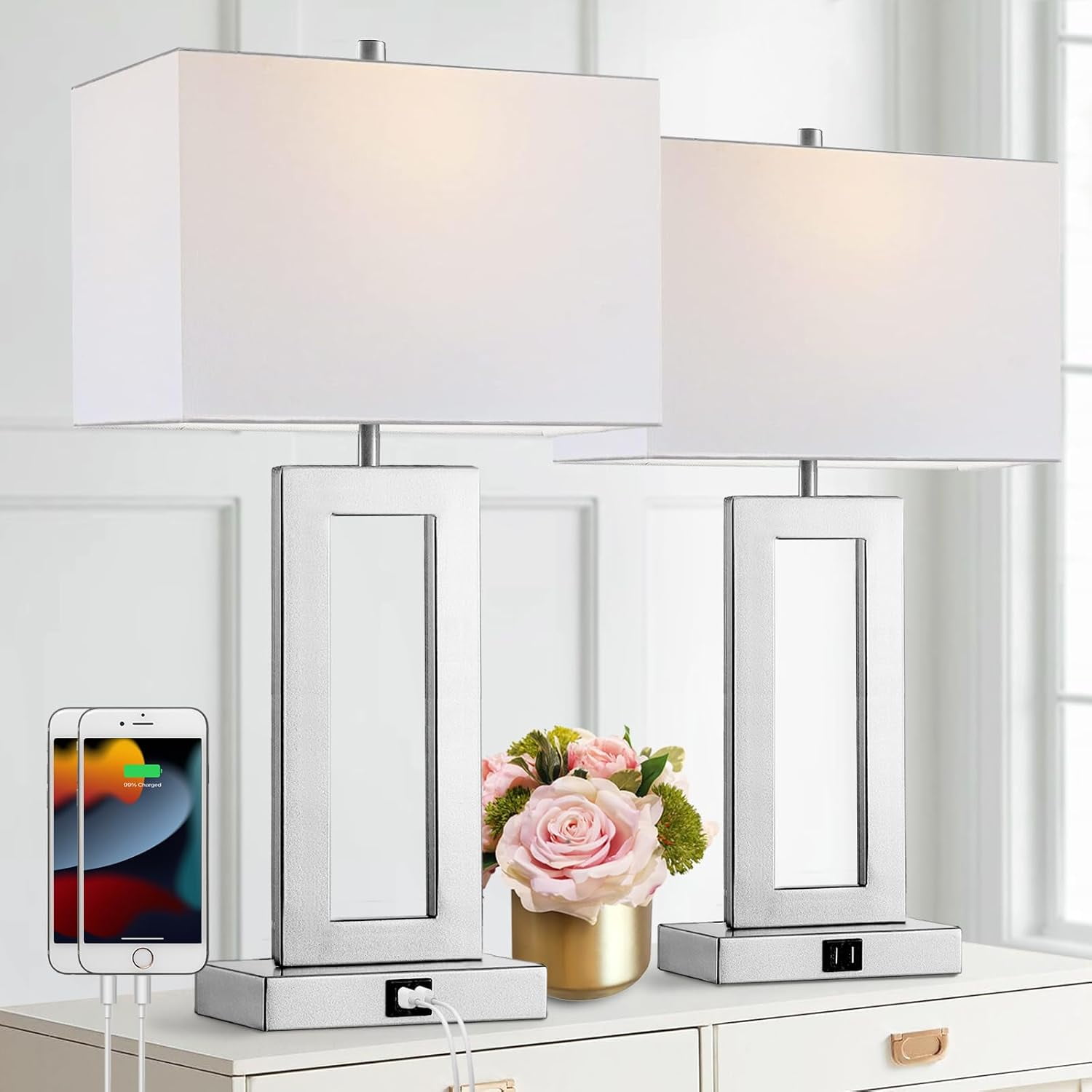 Set of 2 Silver Table Lamps with Dual USB Ports, 3-Way Dimmable Touch Control Bedside Lamps ...