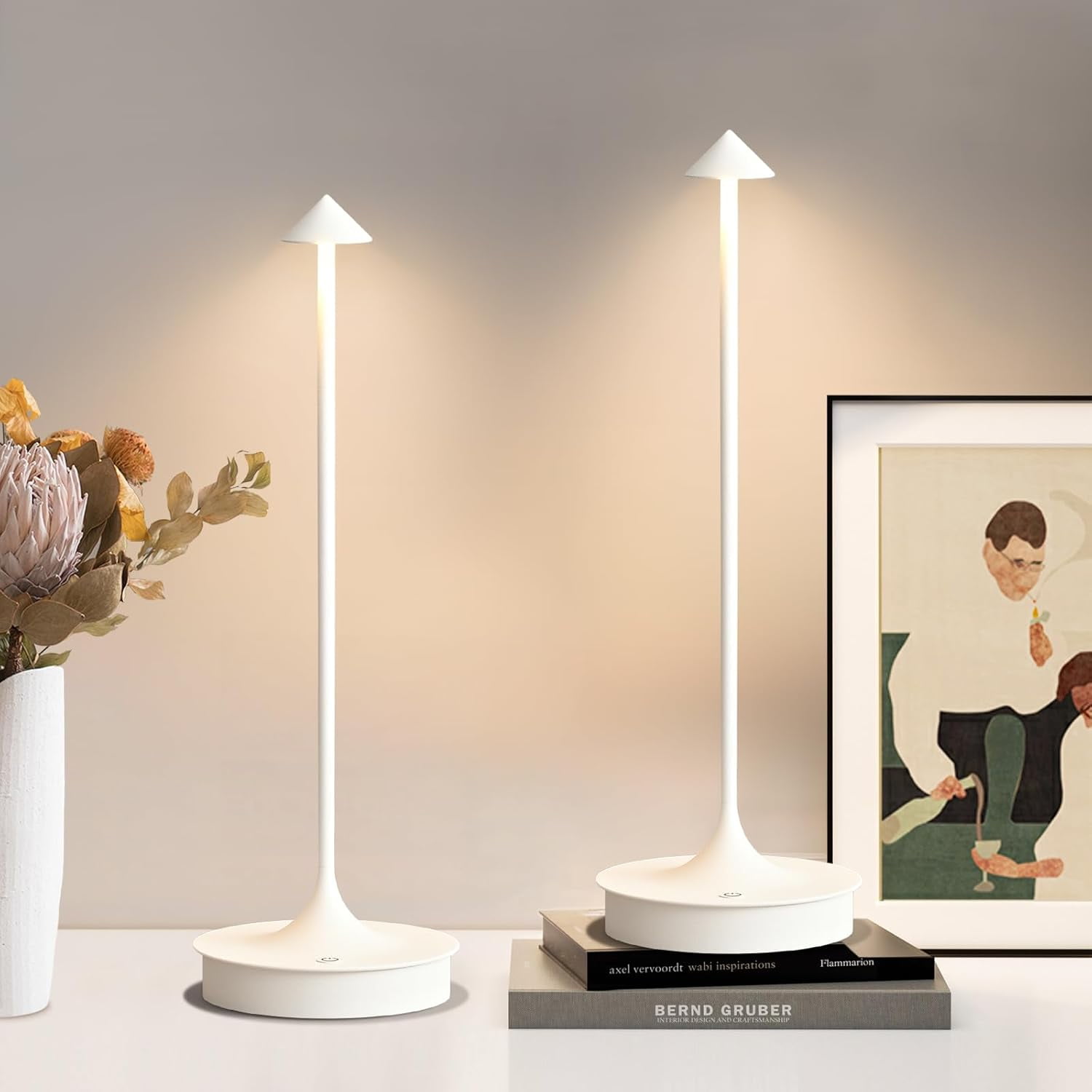 Set of 2 Small Cordless Table Lamp Rechargeable, Battery Operated Desk ...