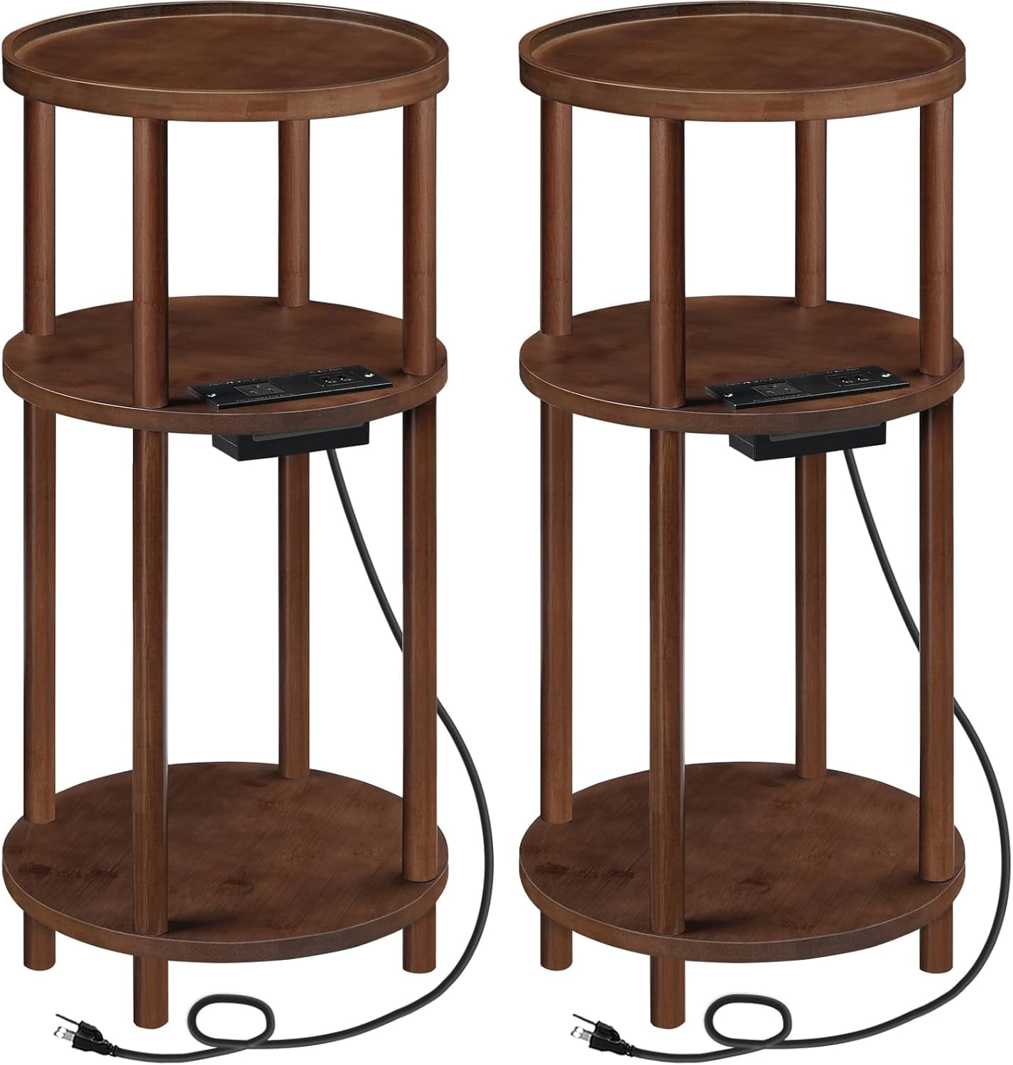 Set of 2 Small Round Side Tables with Charging Station, 3-Tier Round ...