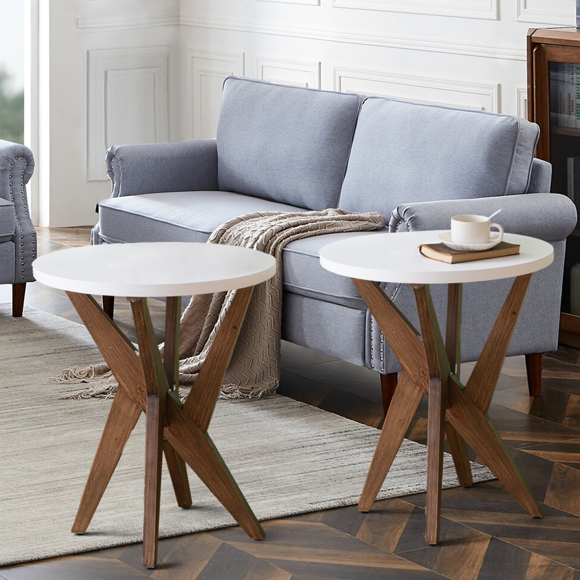 Set of 2 Solid Wood Crossed-Leg Round End Tables with Smooth White Top ...