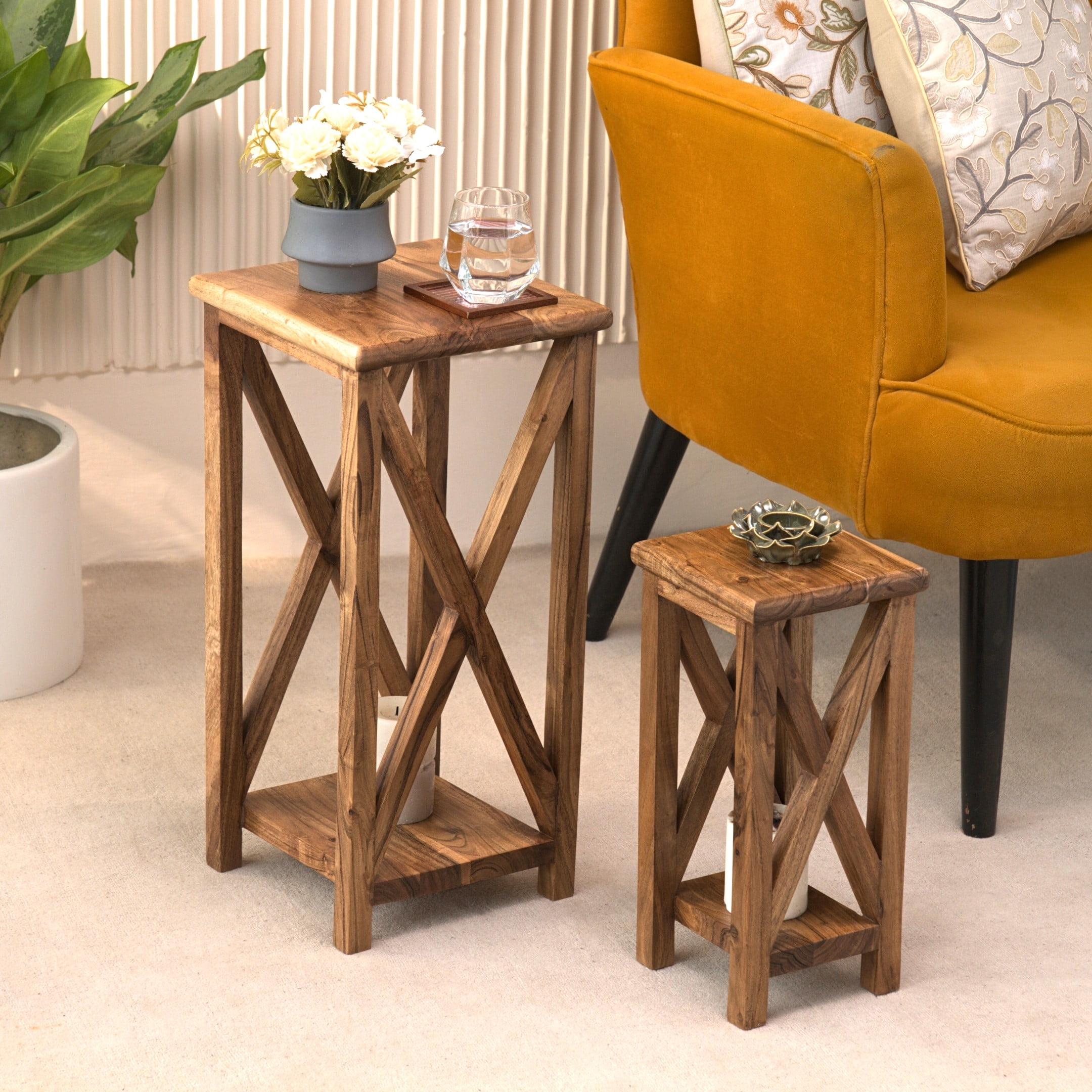 Set of 2 Solid Wood Nesting Tables – Rustic Accent Side Tables with ...