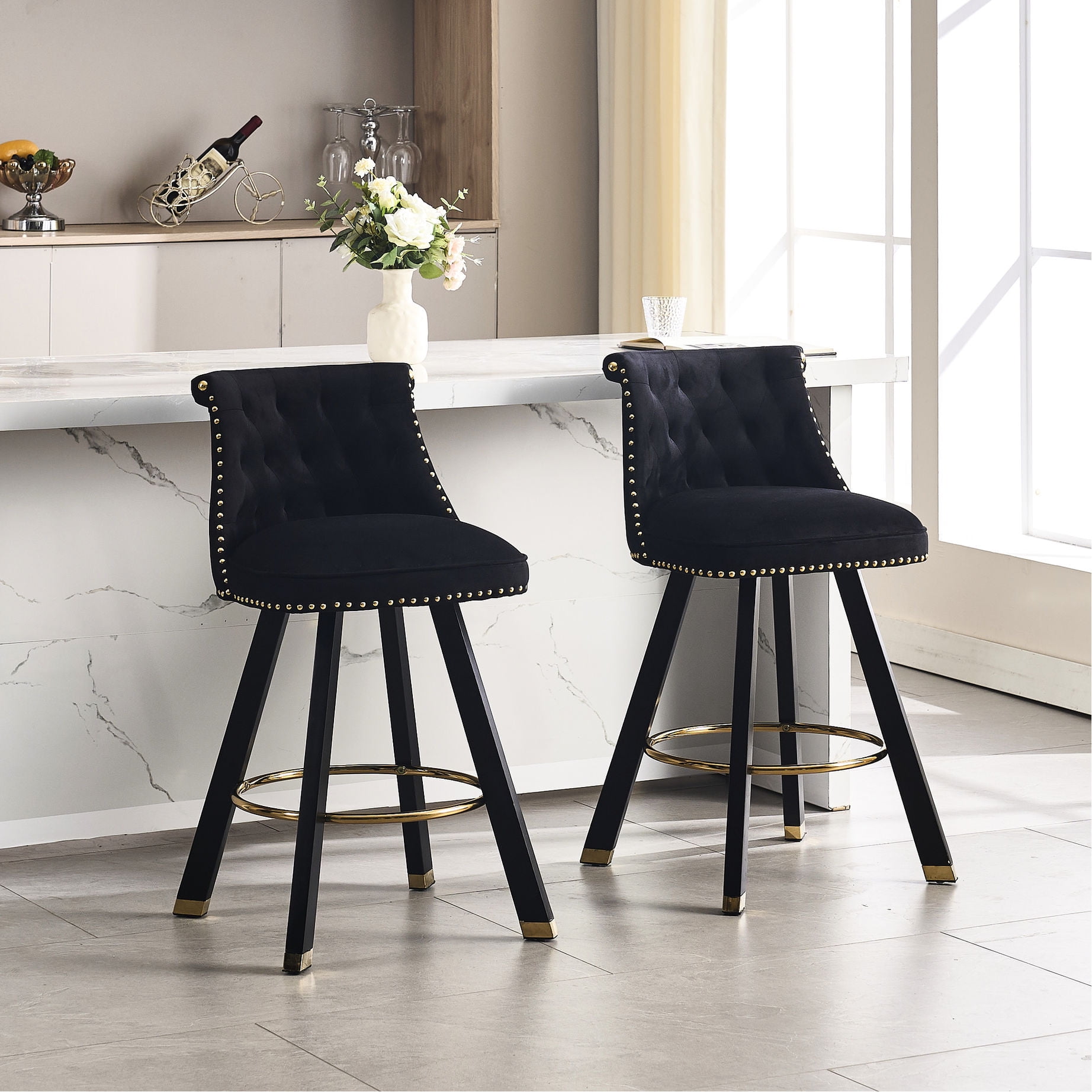 Set of 2 Square Foot Bar Chairs | 360 Degree Rotation, Back Pull Point ...