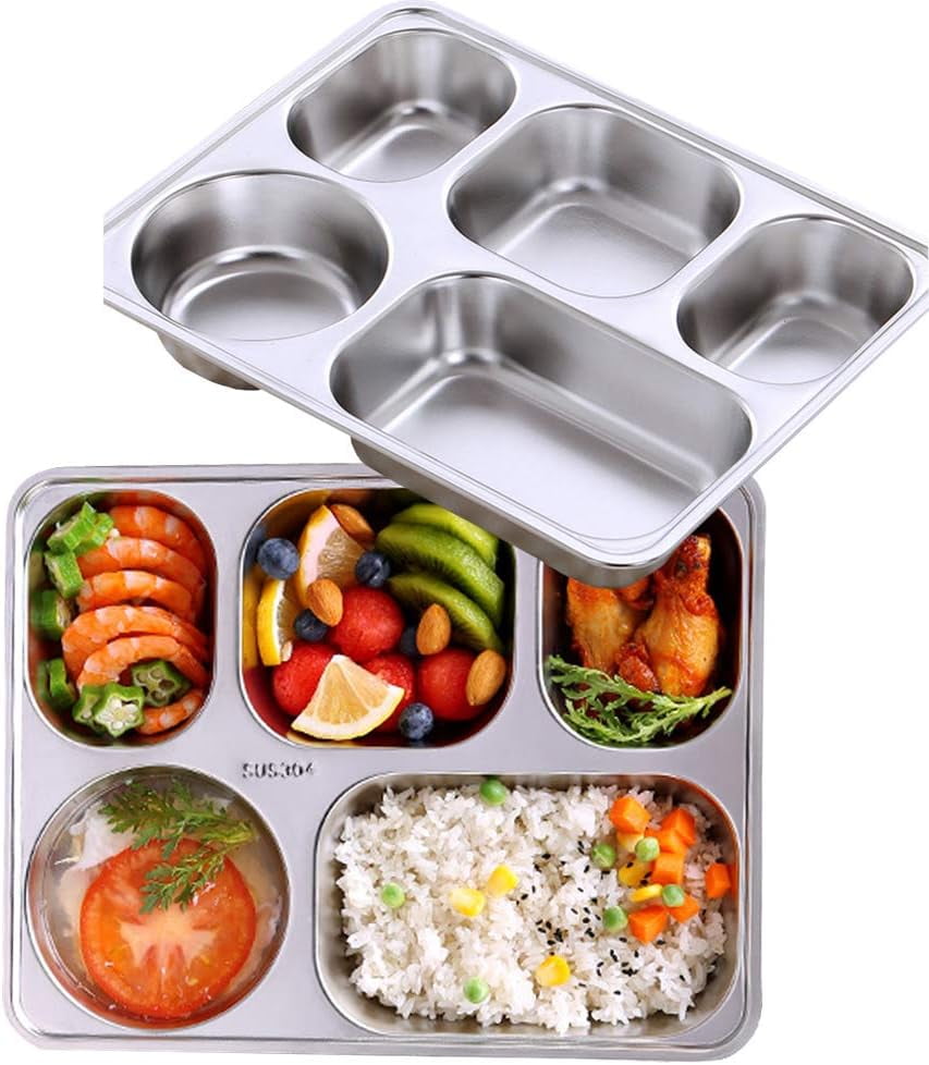 Set of 2 Stainless Steel Rectangular Divided Plates Tray 5 Sections ...