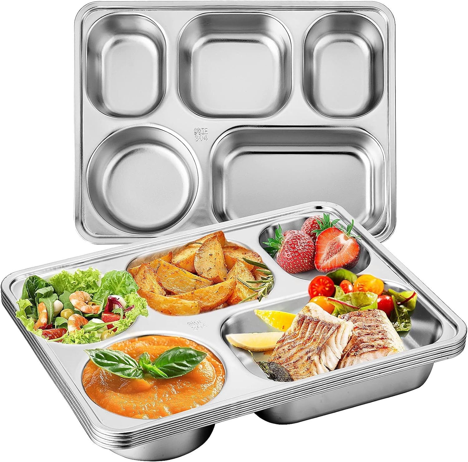 Set of 2 Stainless Steel Rectangular Divided Plates Tray 5 Sections ...