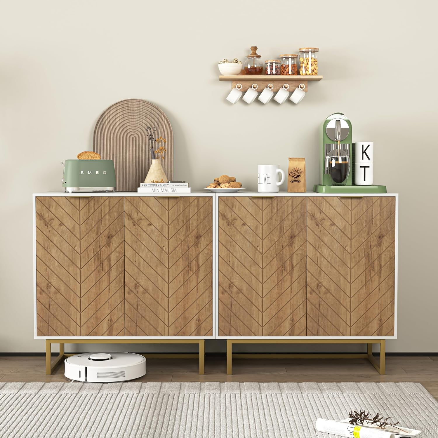 Set of 2 Storage Cabinets With Doors, White Sideboard Buffet, Kitchen ...