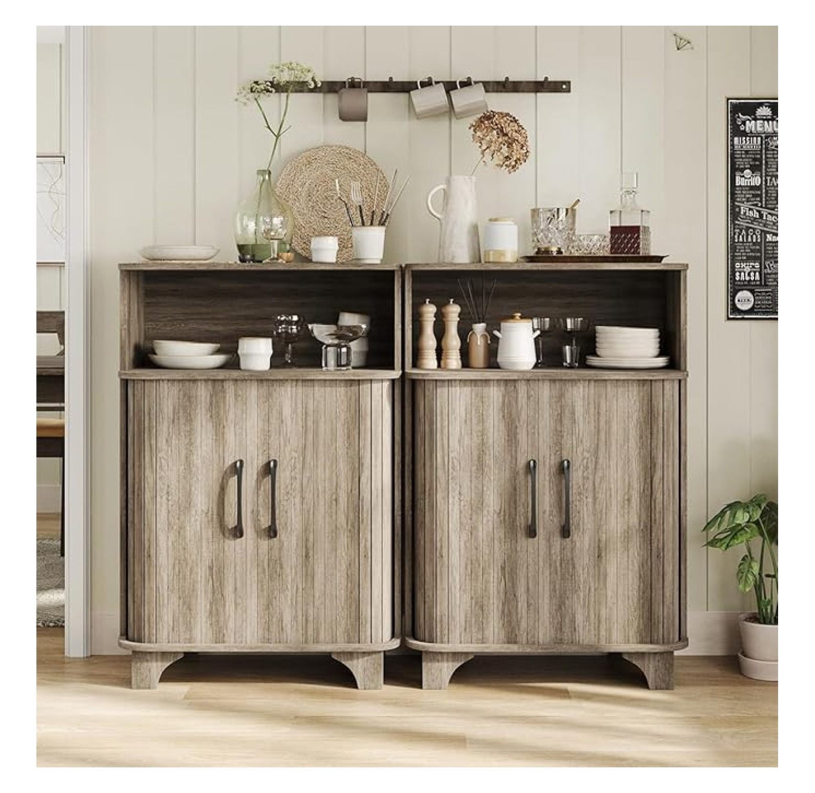 Set of 2 Storage Cabinets, Farmhouse Fluted Storage Cabinet Sets with 2 ...