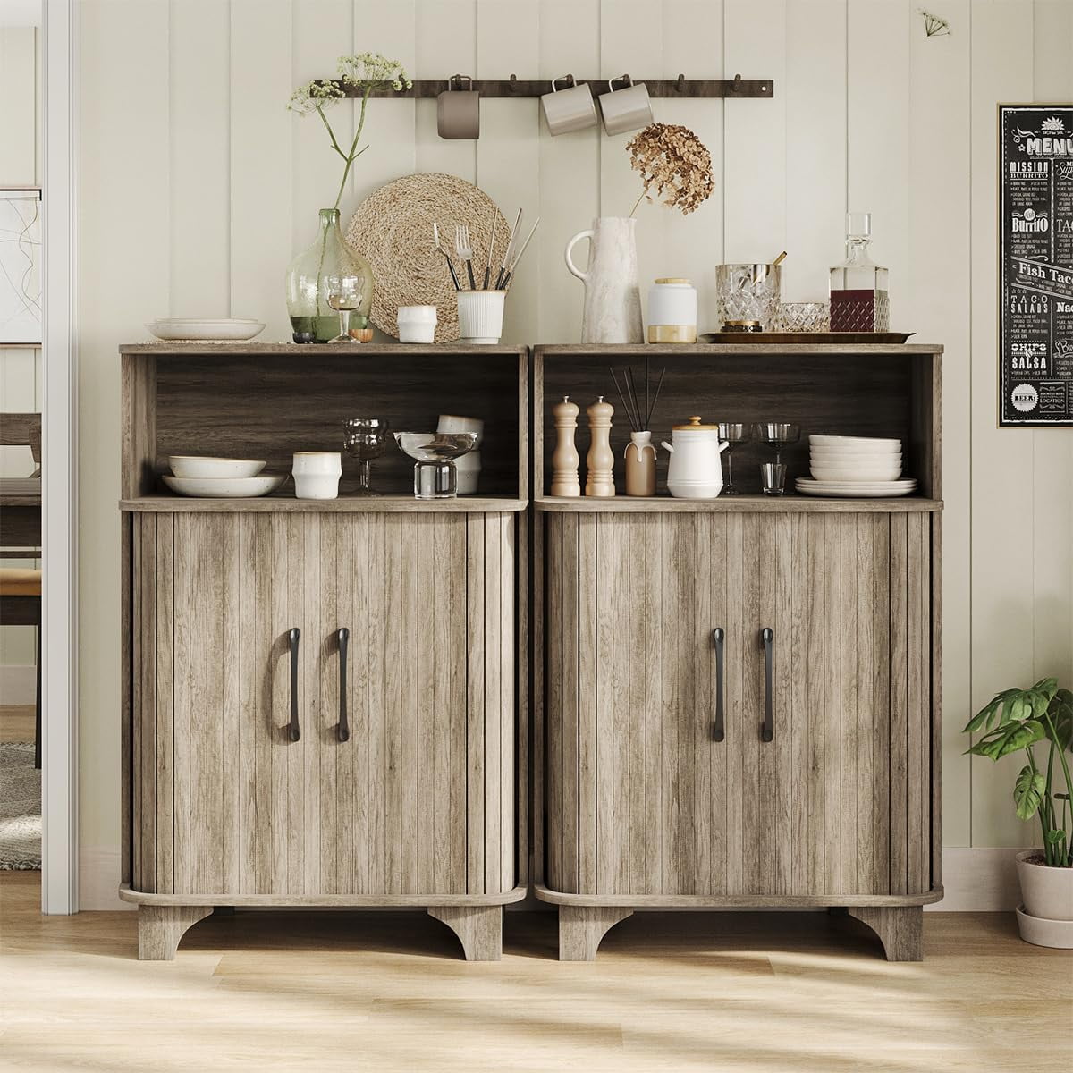 Set of 2 Storage Cabinets, Farmhouse Fluted Storage Cabinet Sets with 2 ...