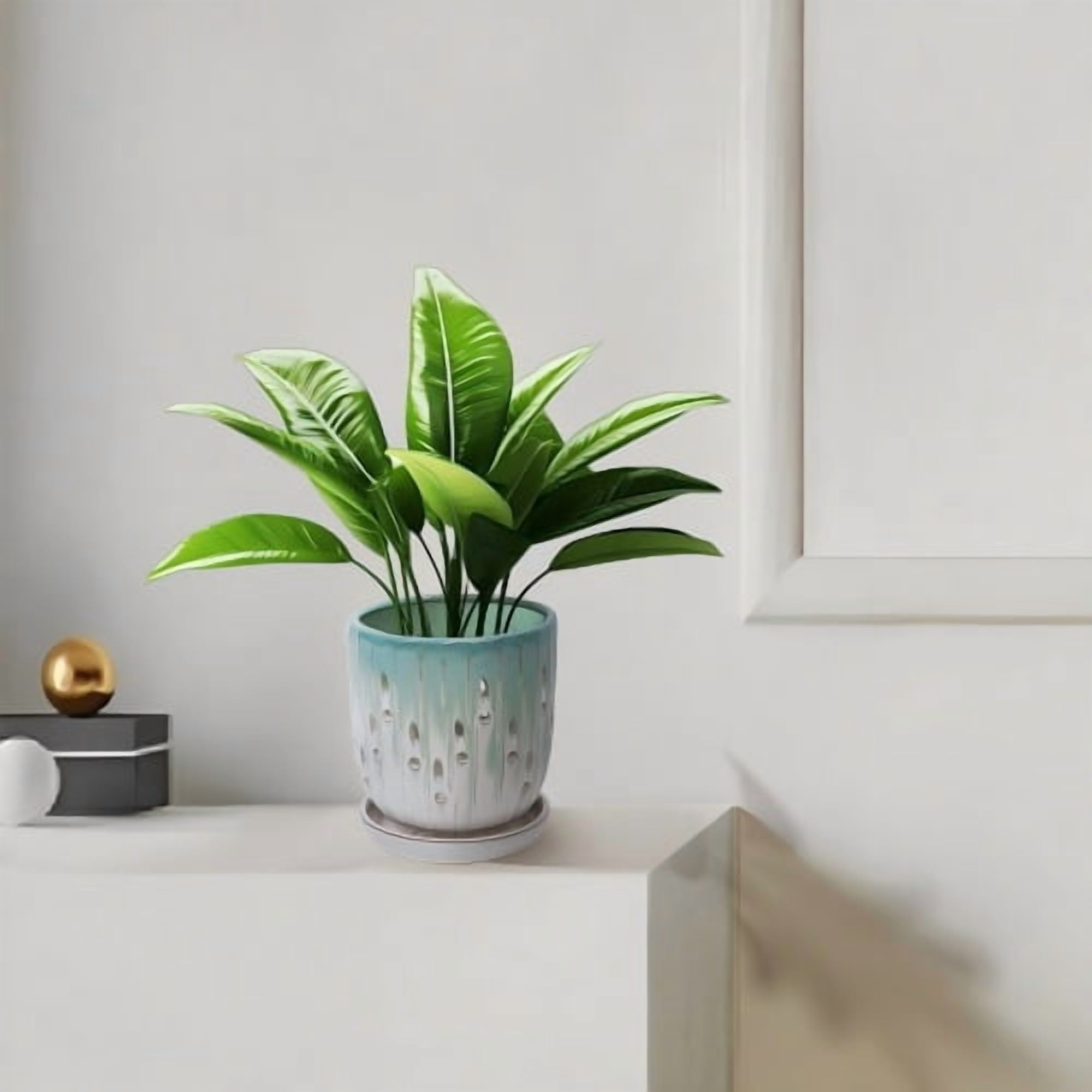 Set of 2 Striped Ceramic Planters, 8 Inch Modern Flower Pots with ...