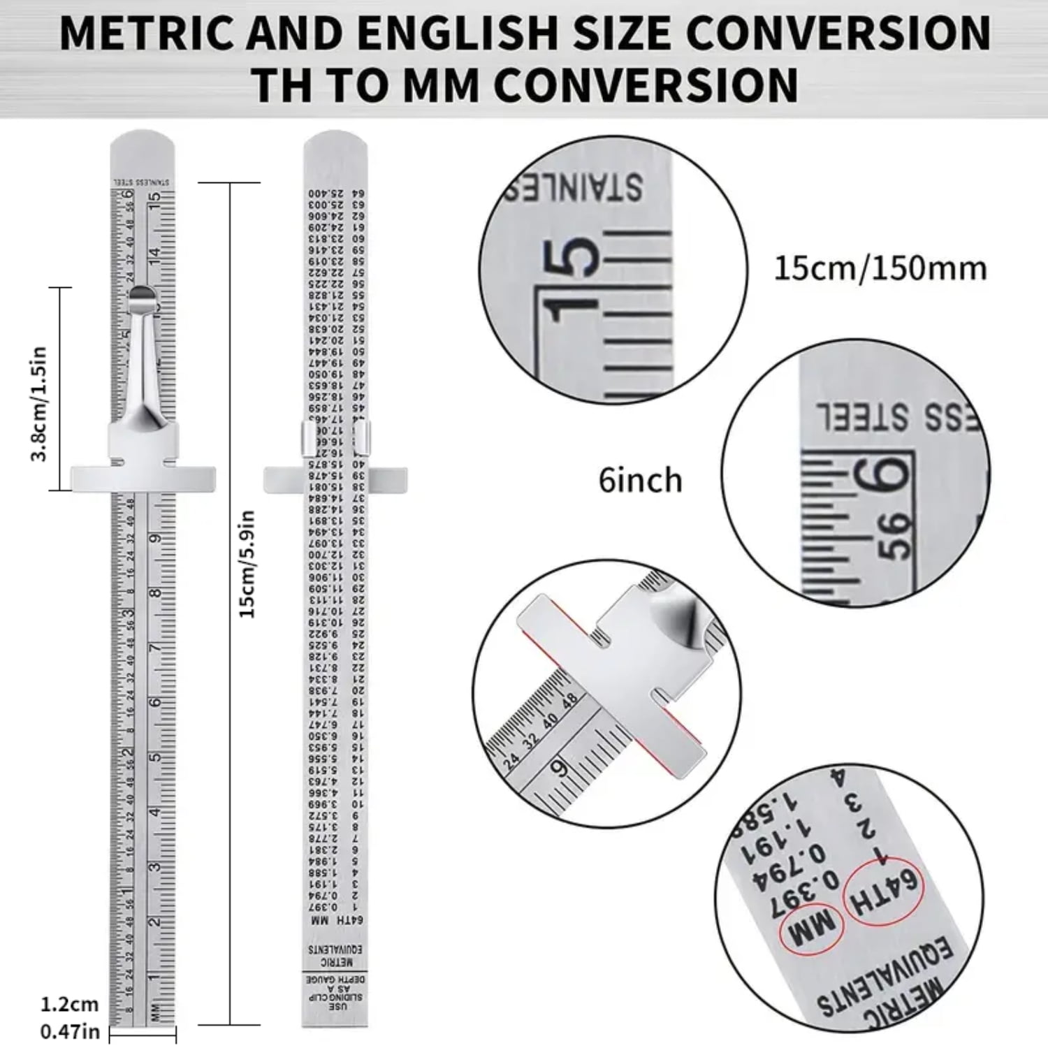 Set of 2 Sturdy Stainless Steel 6-Inch Rulers with Integrated English ...