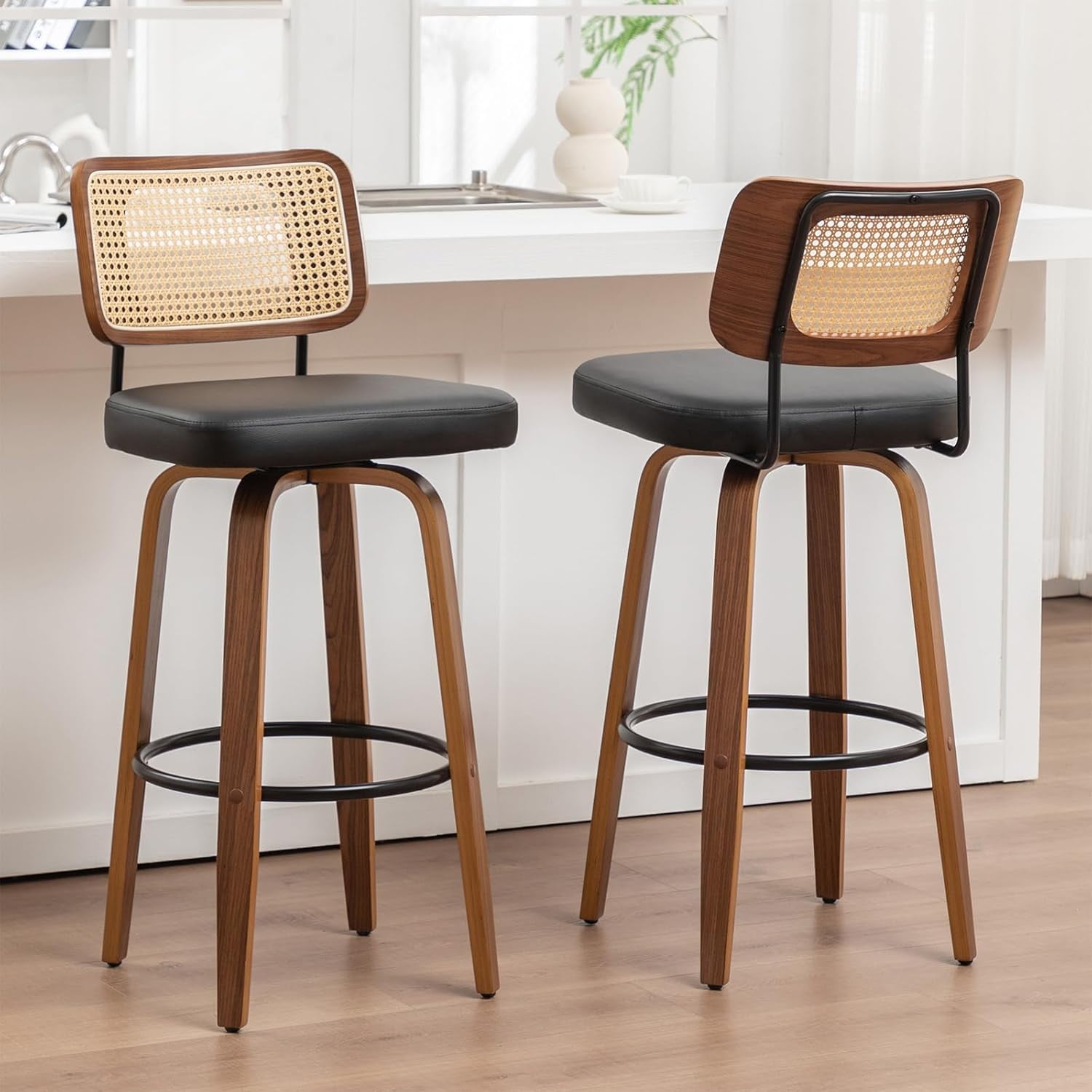 Set of 2 Swivel Bar Stools - 26" Counter Height with Curved Rattan Back ...