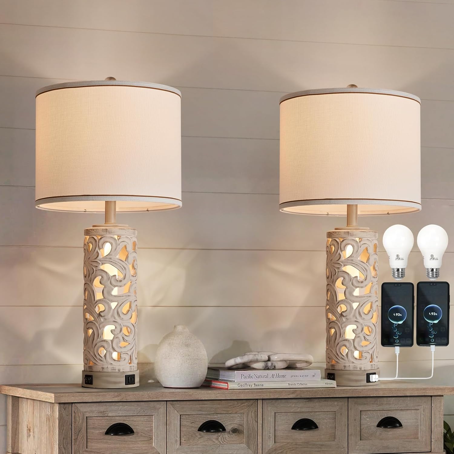Set of 2 Table Lamps with Night Light, 28" Farmhouse Table Lamp with ...