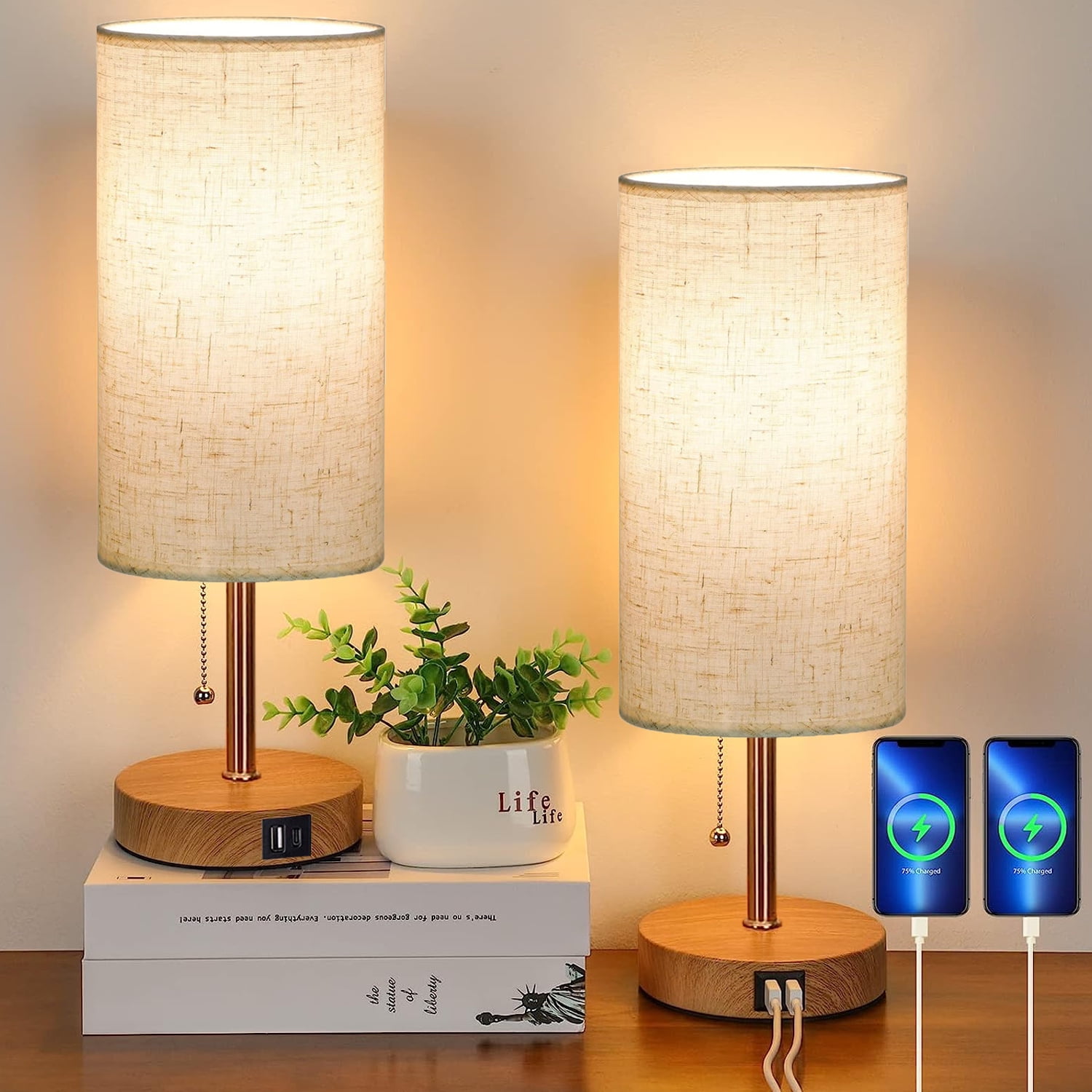 "15"" Pair of Modern Table Lamps with USB Ports, 3 Modes Dimmable, Pull ...