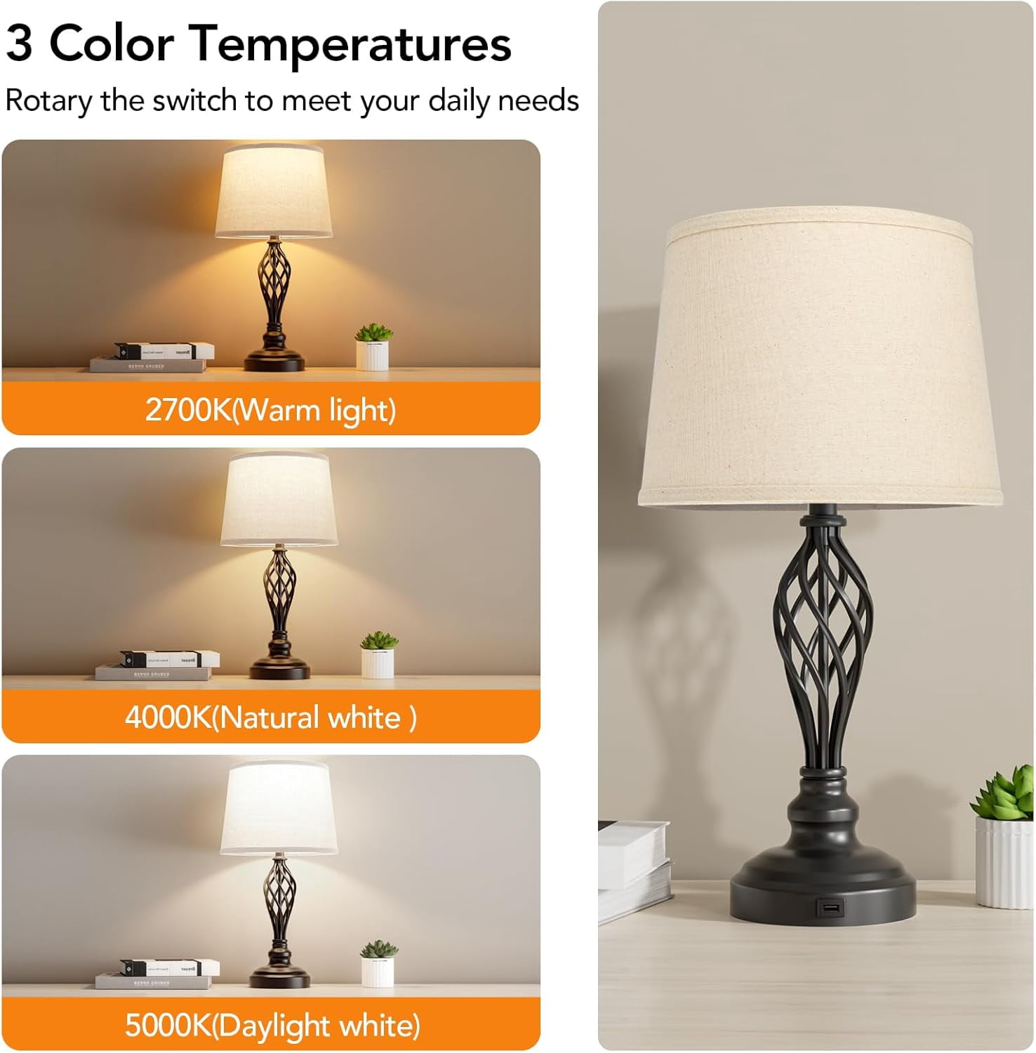 Set of 2 Table Lamps with USB Port, Farmhouse Bedside Lamps with 3 ...