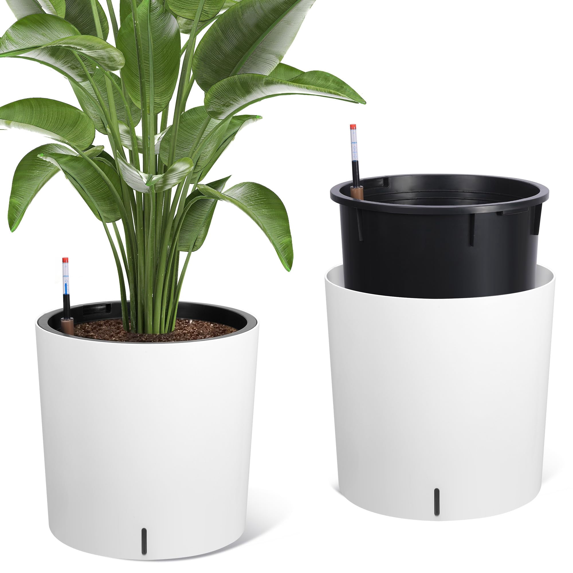 Set of 2 Tall Plant Pots with Water Level Monitor, Built-in Drainage ...