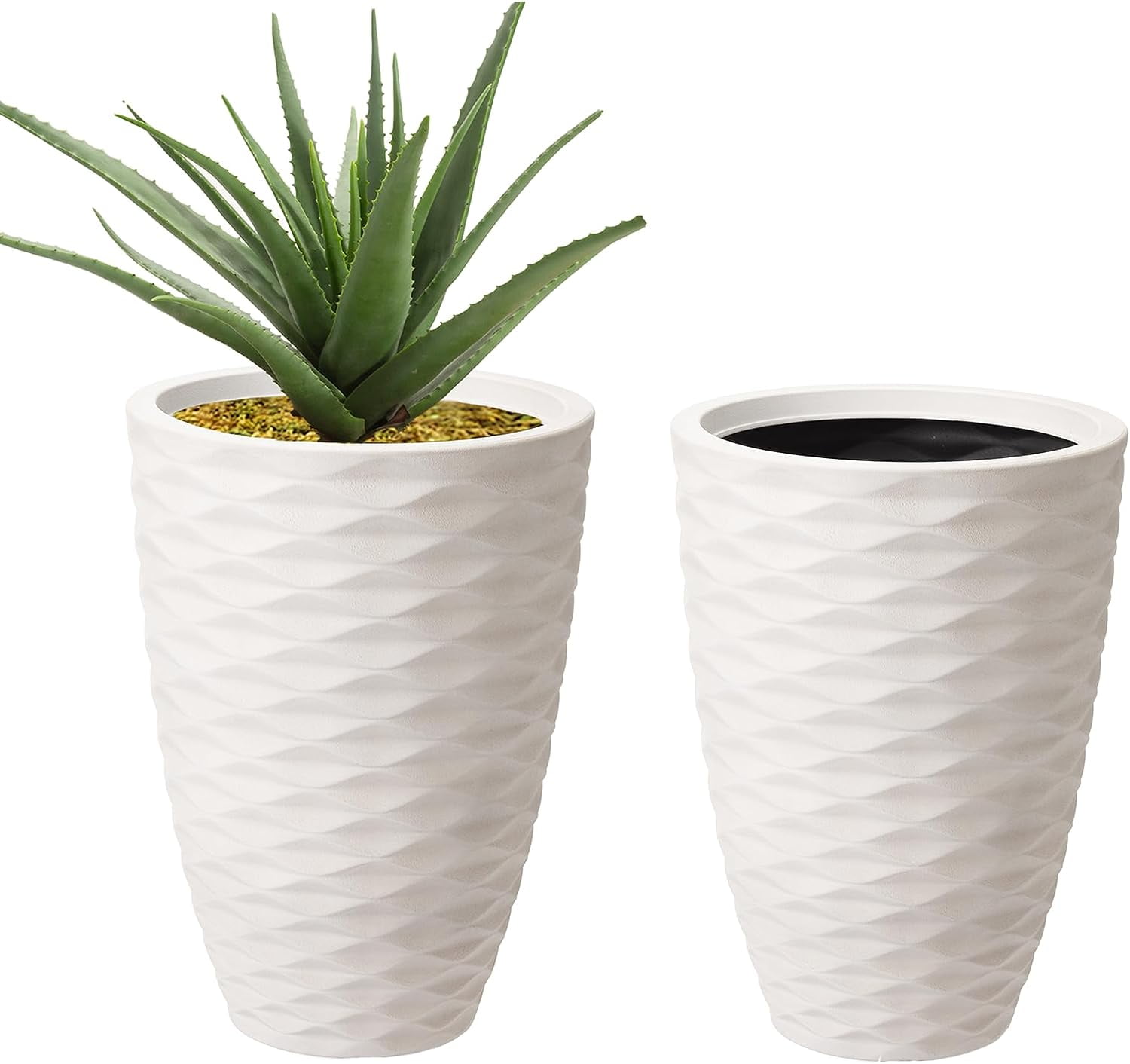 Set of 2 Tall Planter Pot,19" H Oversized Faux Ceramic Wave Textured ...