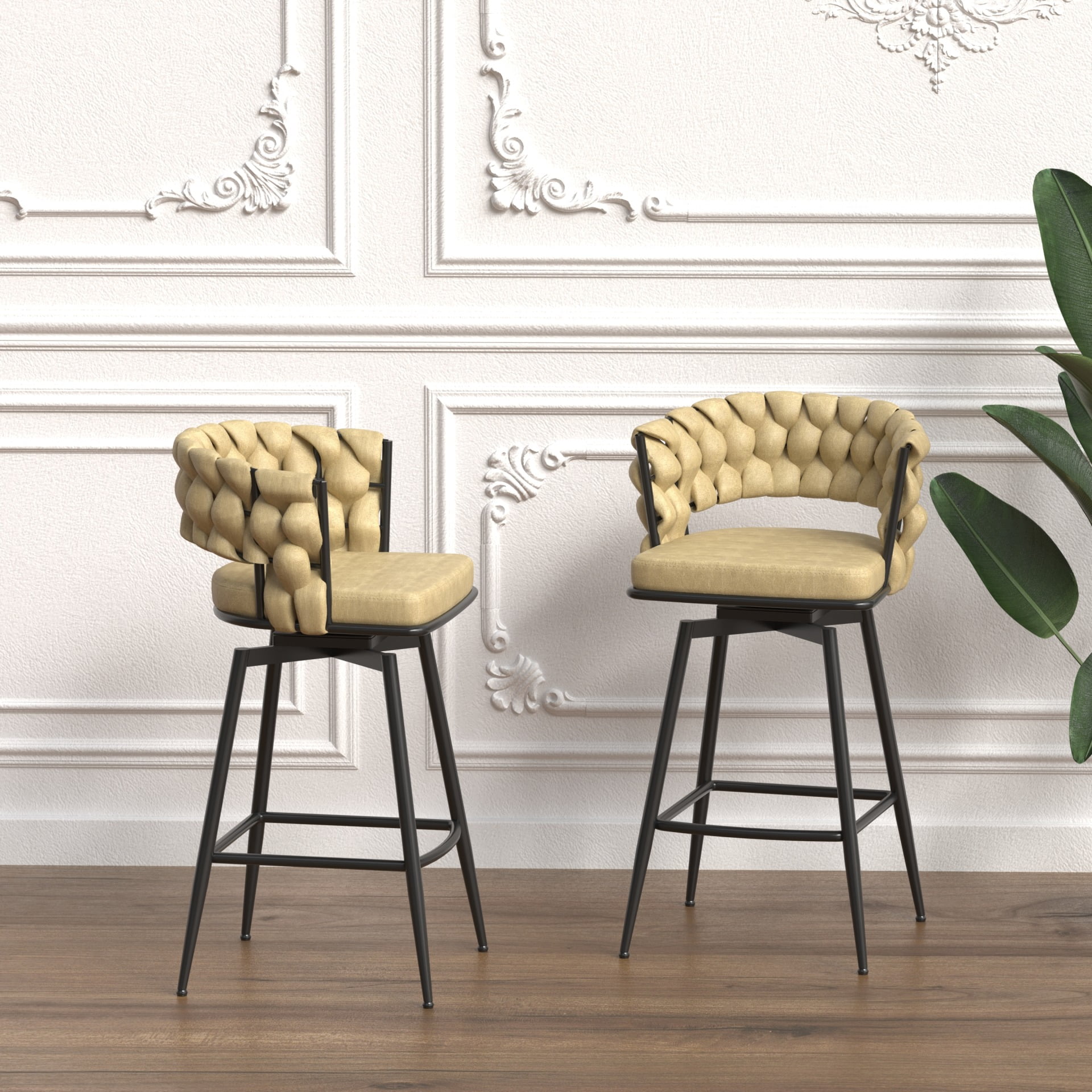 Set of 2 Technical Leather Woven Bar Stool, 360 Swivel Bar Stools with ...