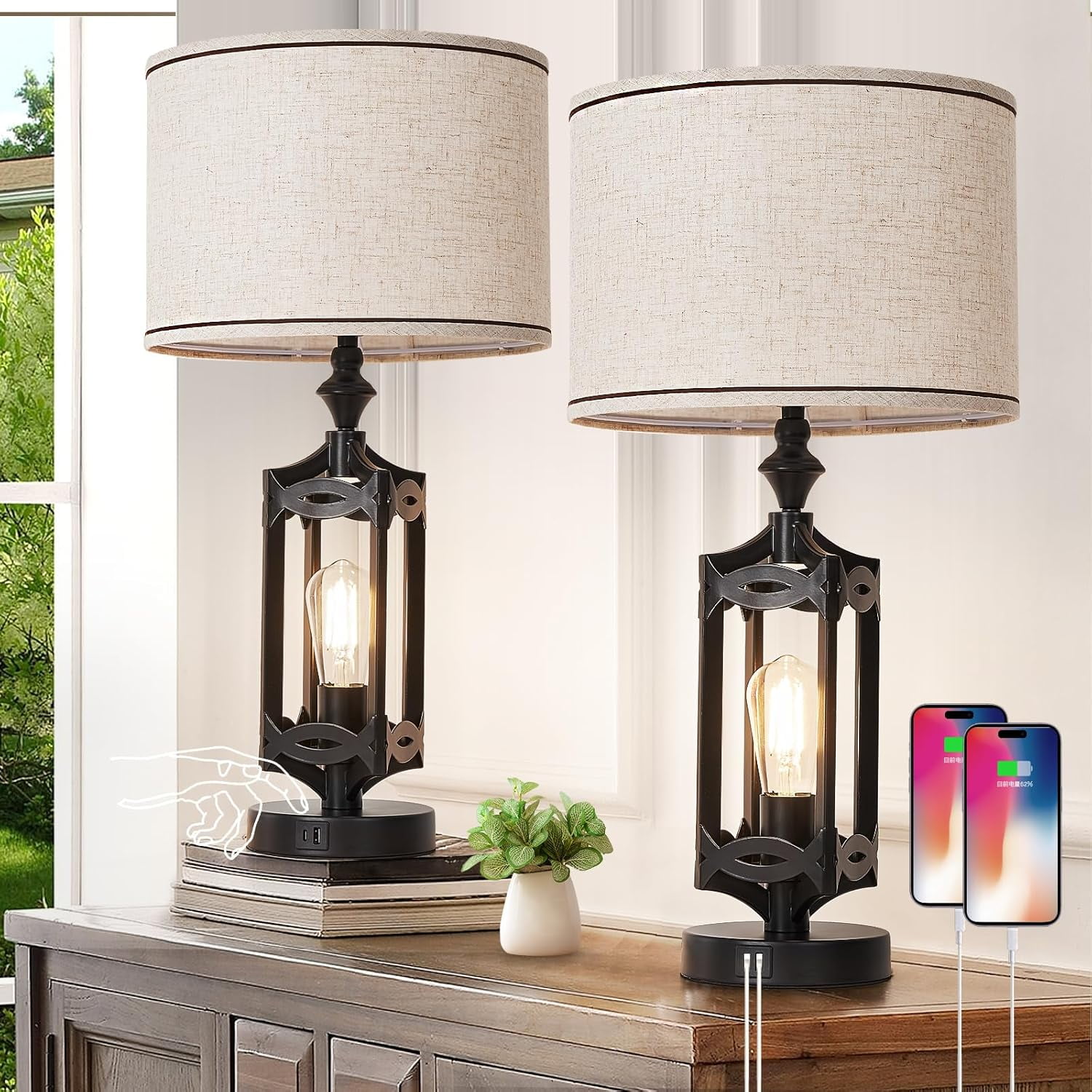 Set of 2 Touch Control 3-Way Dimmable Table Lamps, 2-Light Tall ...