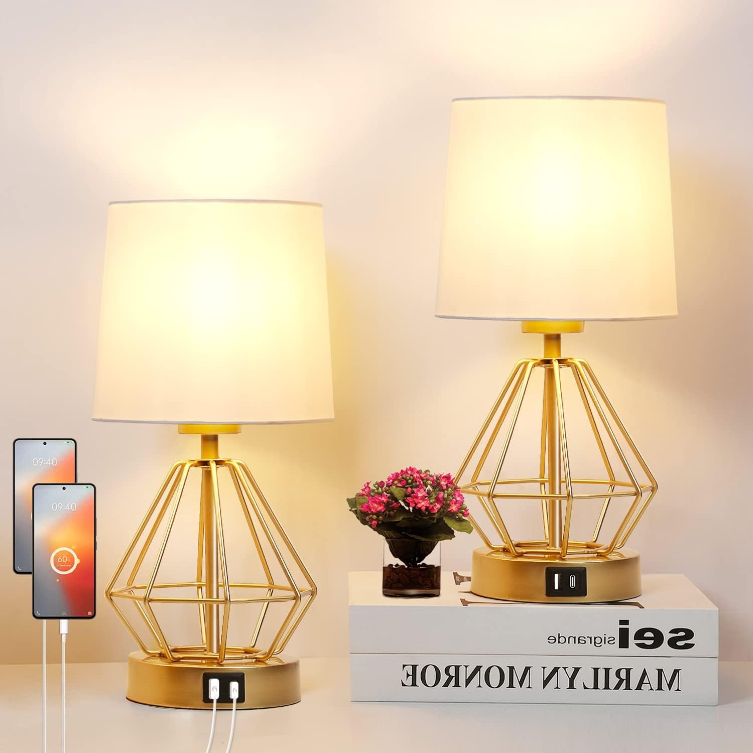 Set of 2 Touch Control Table Lamp White&Gold, 3-Way Dimmable Bedside ...