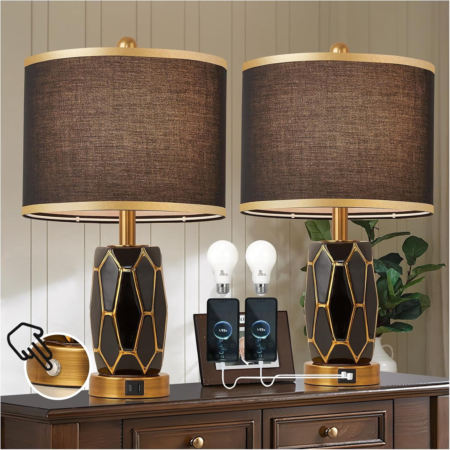 Set of 2 Touch Control Table Lamps for Bedroom Livingroom,Modern Black ...